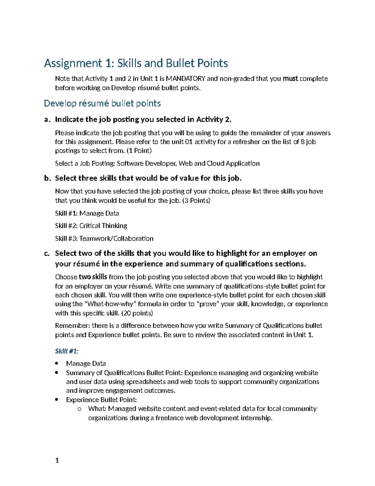 Assignment 1: Skills & Bullet Points for Software Developer Role - Studocu