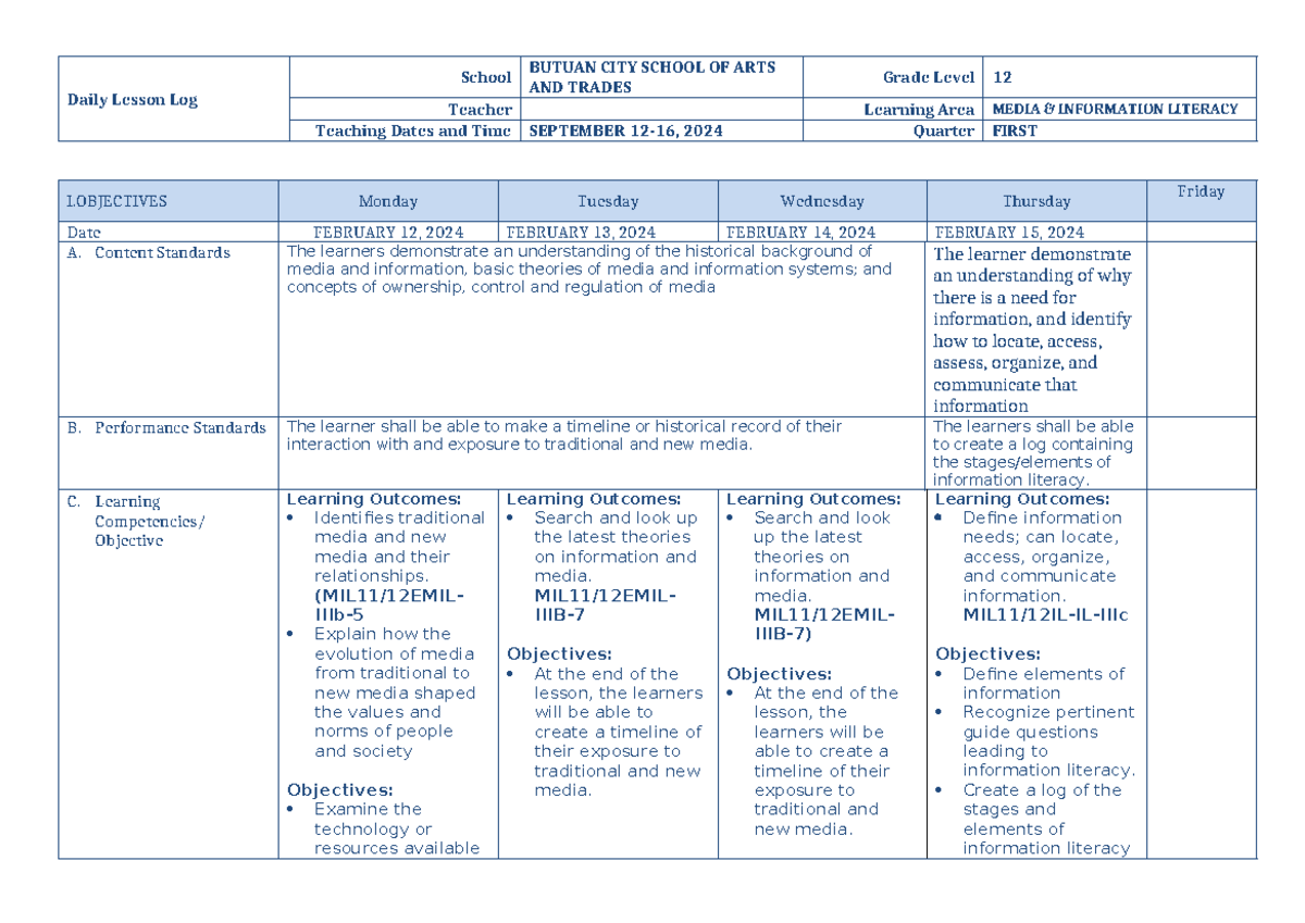Q3 Week3 MIL - MIL - Daily Lesson Log School BUTUAN CITY SCHOOL OF ARTS ...