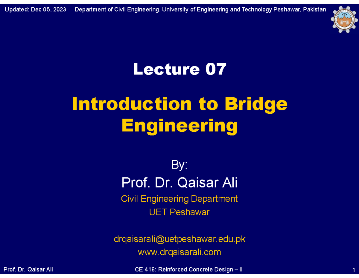 CE 416: Lecture 07 - Introduction to Bridge Engineering - Studocu
