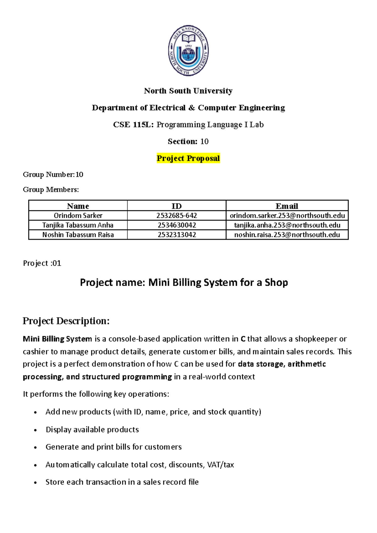 CSE 115L: Mini Billing System Project Proposal for Lab 10 - Studocu
