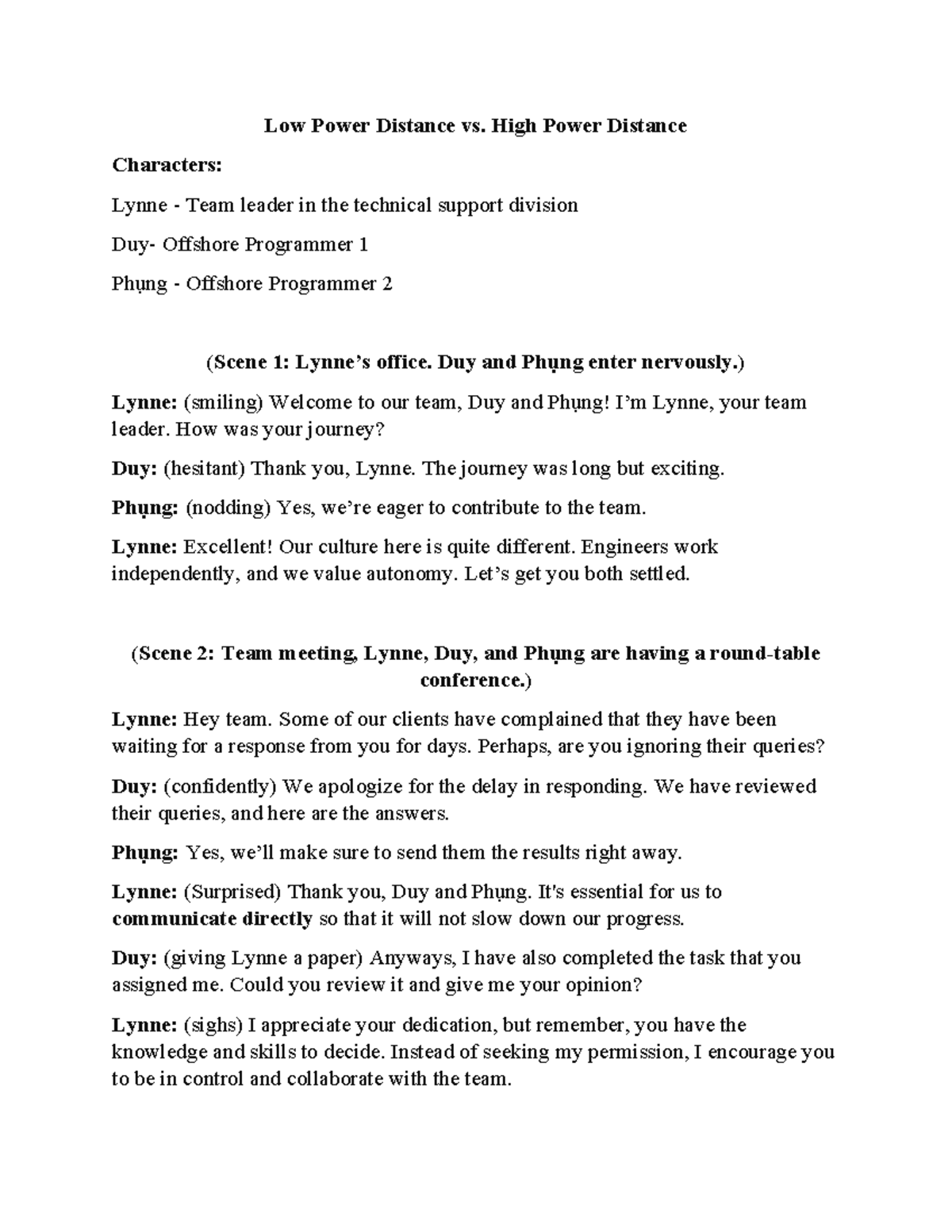 Acting Script: Low vs. High Power Distance - Gtlvh - Studocu