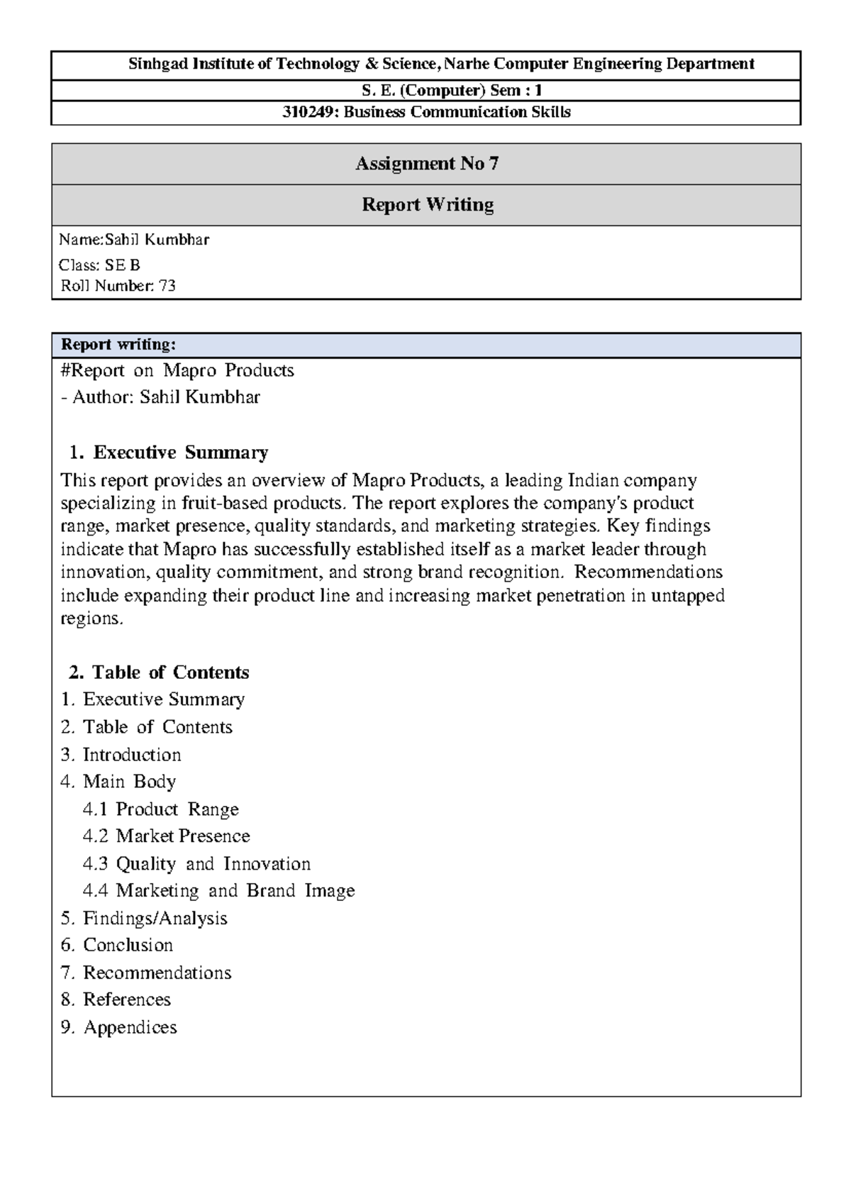 CS 310249: Assignment 7 - Report on Mapro Products Analysis - Studocu