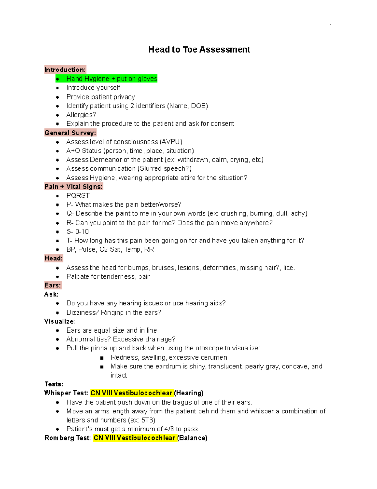 Head to Toe Assessment Guide: Patient Evaluation Techniques - Studocu