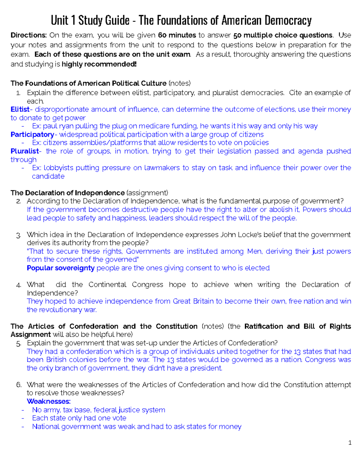 Unit 1 Study Guide: Foundations of American Democracy (POL 101) - Studocu