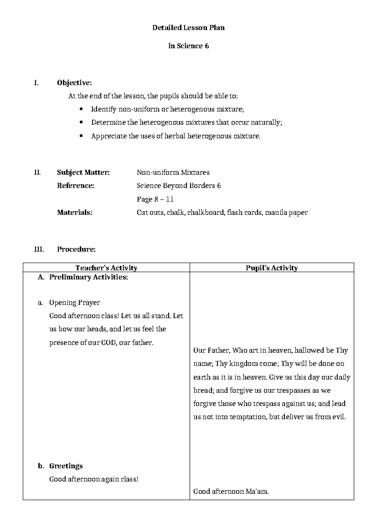 Detailed Lesson Plan for Science 6: Exploring Non-Uniform Mixtures ...
