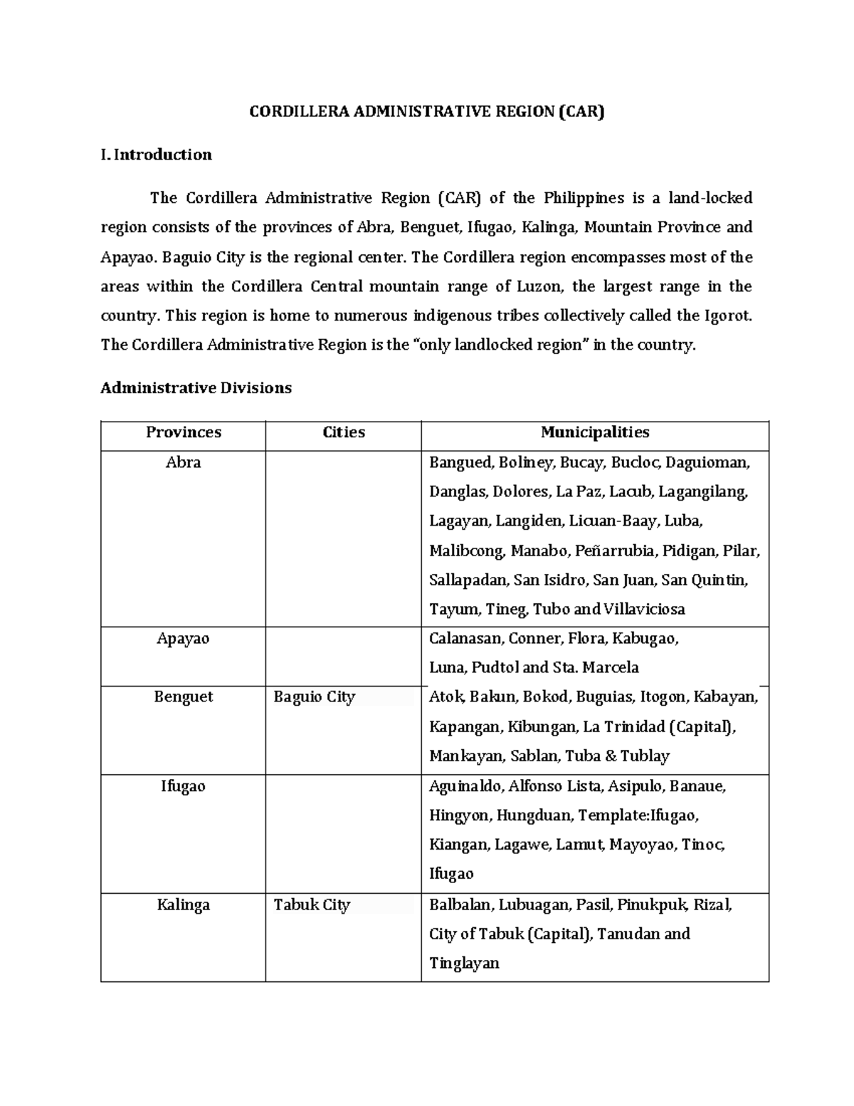 CORDILLERA ADMIN REGION (CAR): Cultural and Historical Insights - Studocu