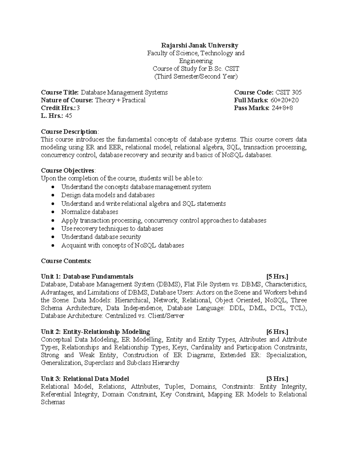 CSIT 305: Database Management Systems Course Overview and Content - Studocu