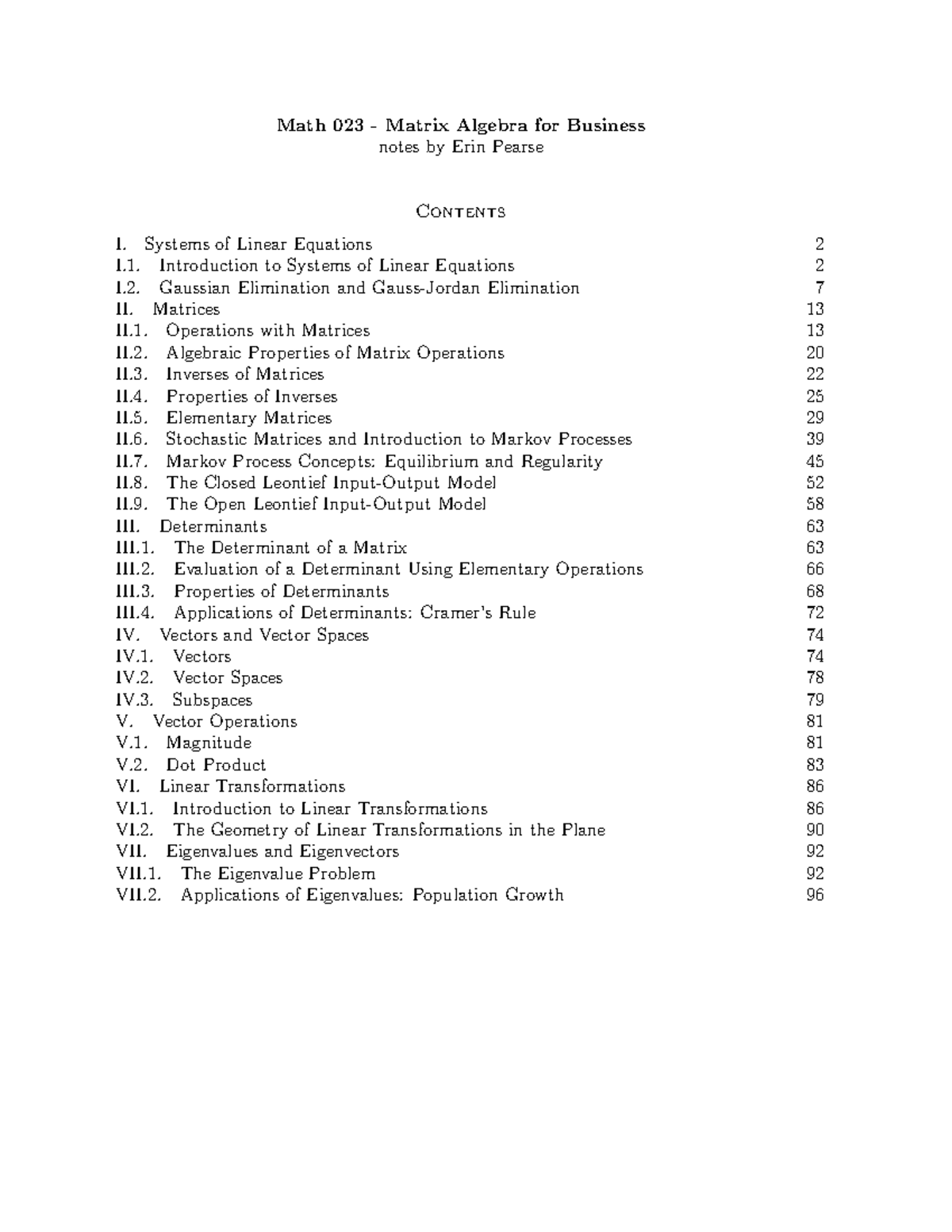 Math 023 - Applied Matrix Algebra Lecture Notes by Erin Pearse - Studocu