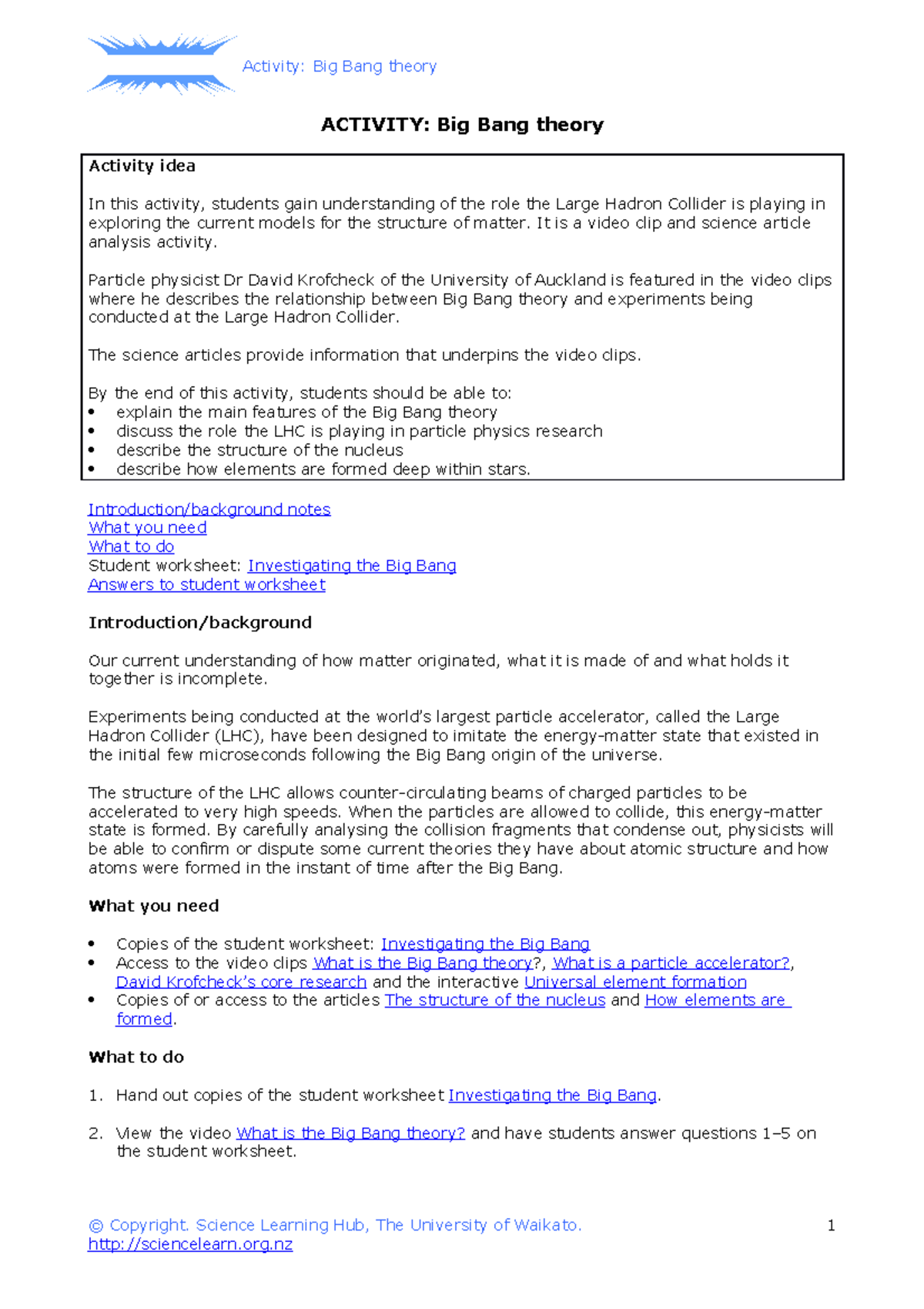 Big Bang theory - Bio - ACTIVITY: Big Bang theory Activity idea In this ...