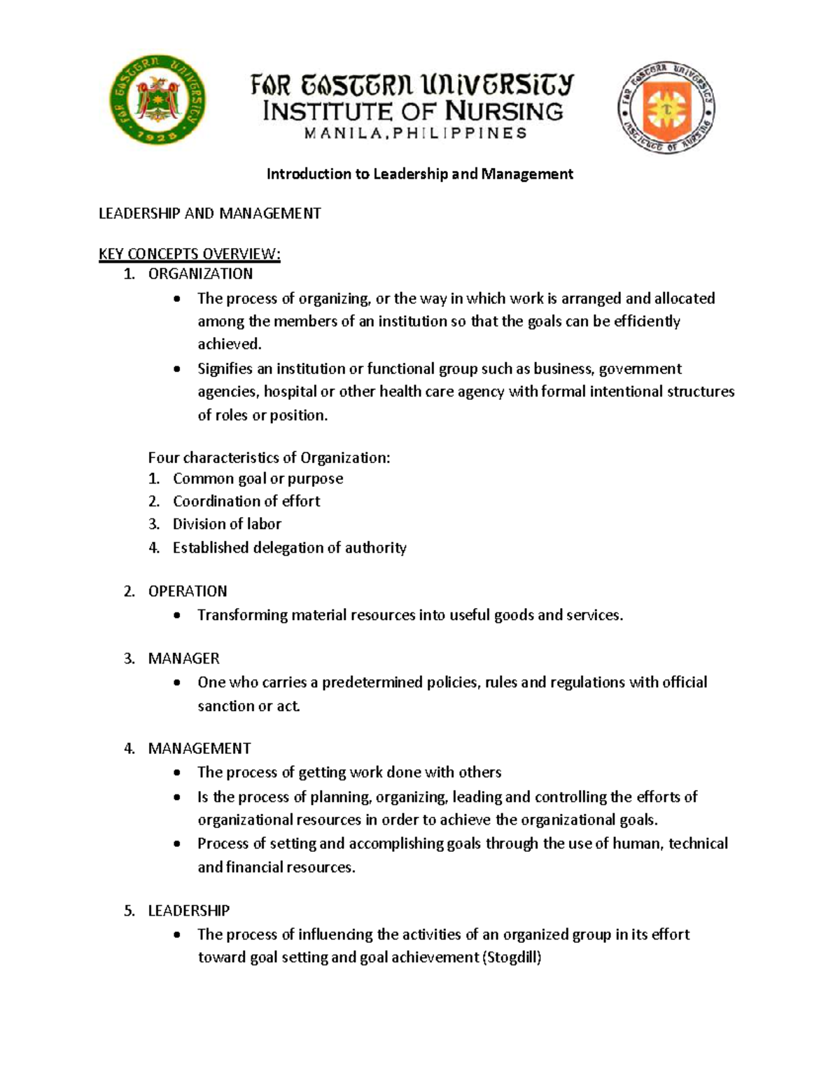 Introduction to Leadership & Management Concepts (LEAD 101) - Studocu