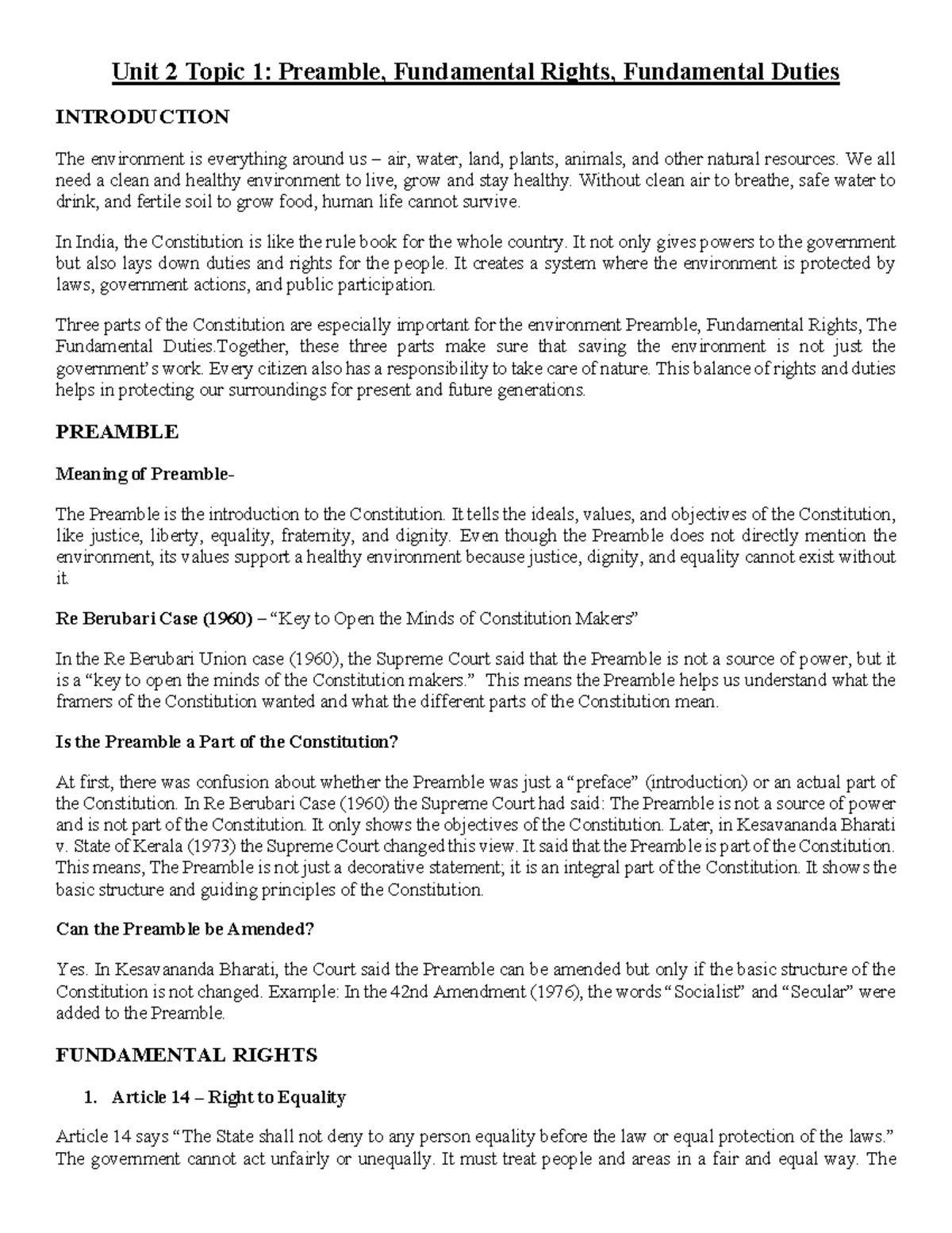Unit 2 Topic 1: Environmental Law - Preamble, Rights & Duties - Studocu