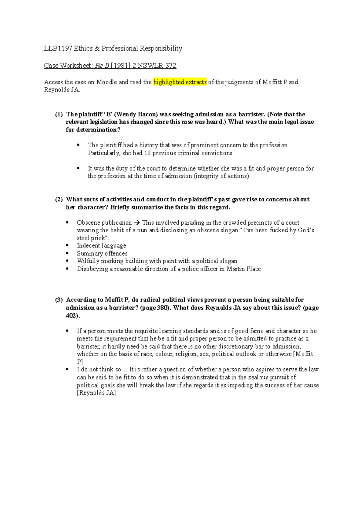 Case Worksheet: Legal Issues in Re B [1981] 2 NSWLR 372 - LLB1197 - Studocu