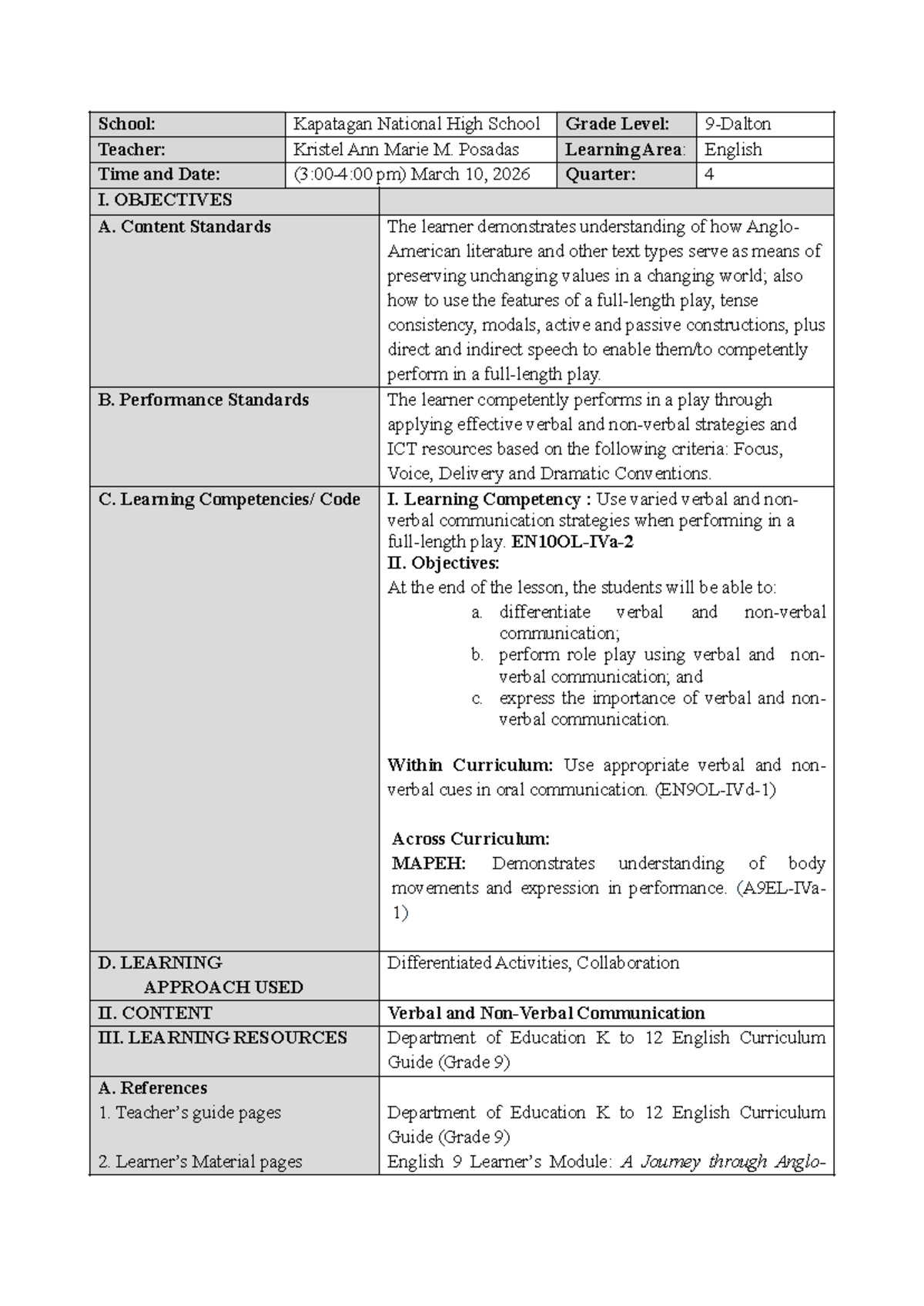 ITEL 9: Final Demo Lesson Plan on Verbal & Nonverbal Communication ...