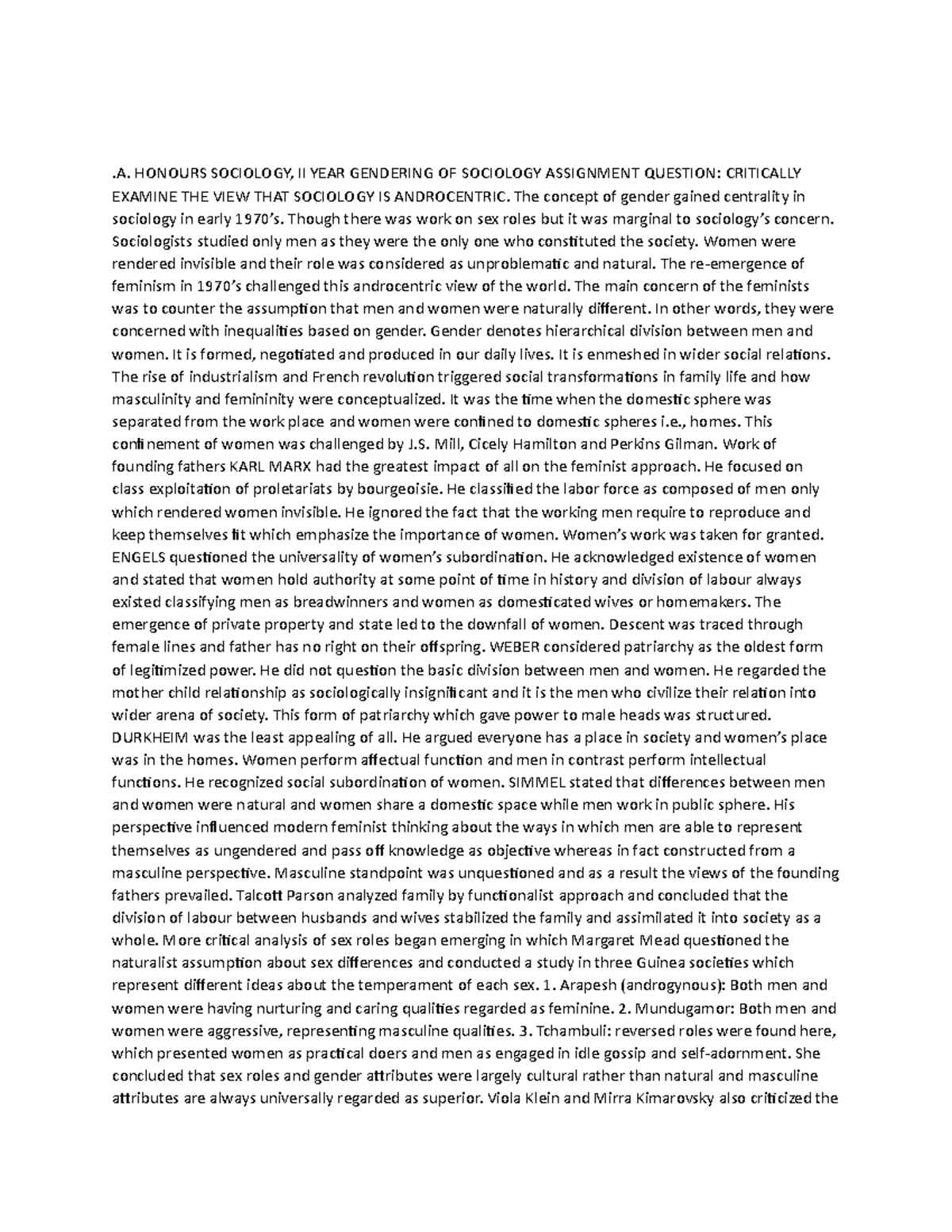 Gender assignment - .A. HONOURS SOCIOLOGY, II YEAR GENDERING OF ...