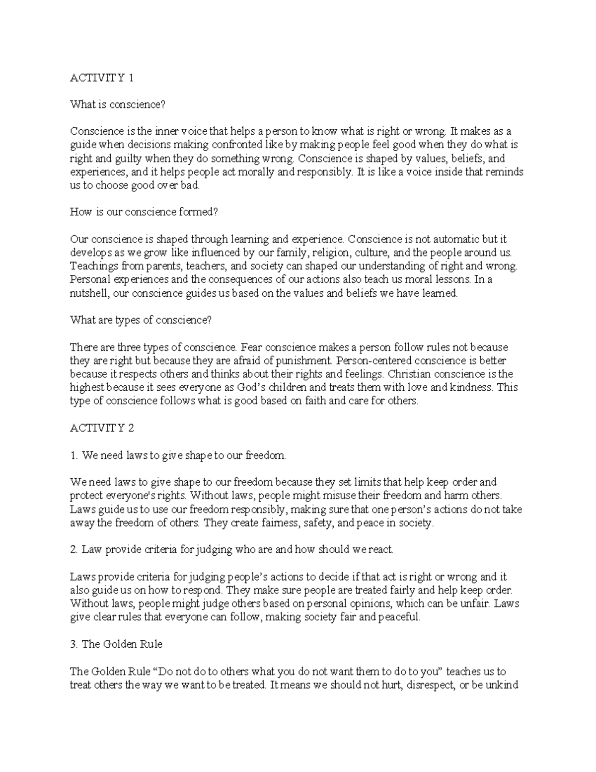 ACTIVITY 1: Understanding Conscience and Its Impact on Morality - Studocu