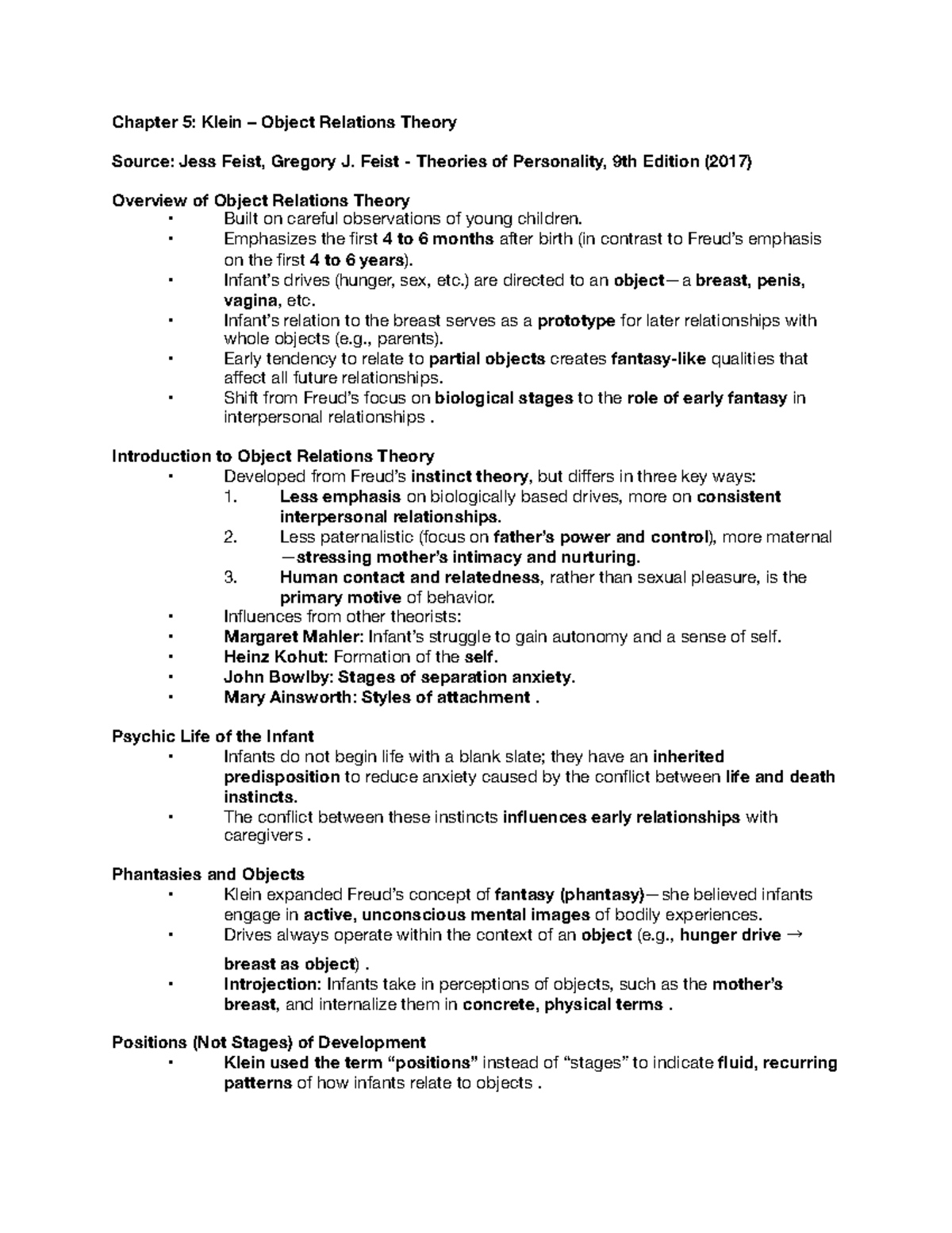 Chapter 5 Klein – Object Relations Theory (book-based) - Chapter 5 ...