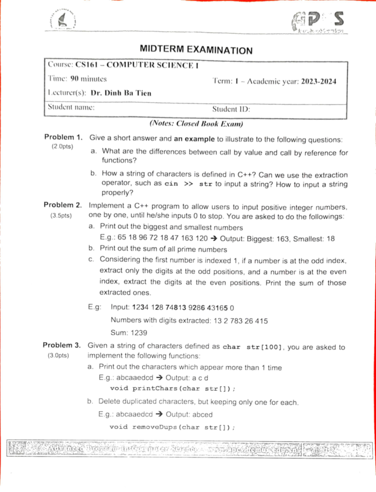 Midterm Exam CS161 - Computer Science I (Term 1, 2023) - Studocu