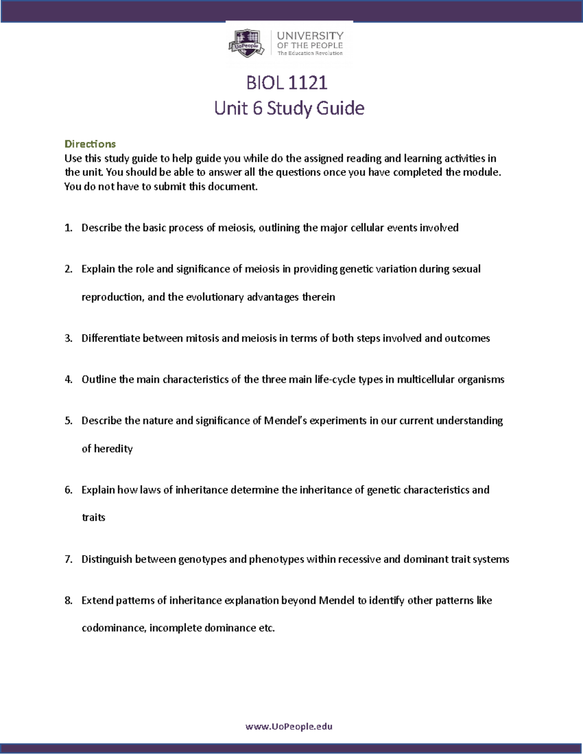 BIOL1121 Unit 6 Meiosis, Genetics, and Inheritance Study Guide - Studocu