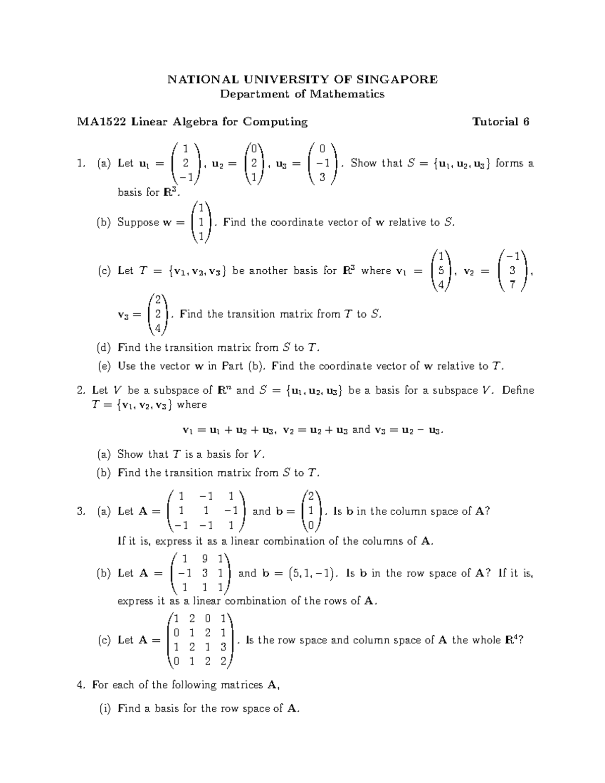 Tutorial 6 - tuturial - NATIONAL UNIVERSITY OF SINGAPORE Department of Mathematics MA1522 Linear ...