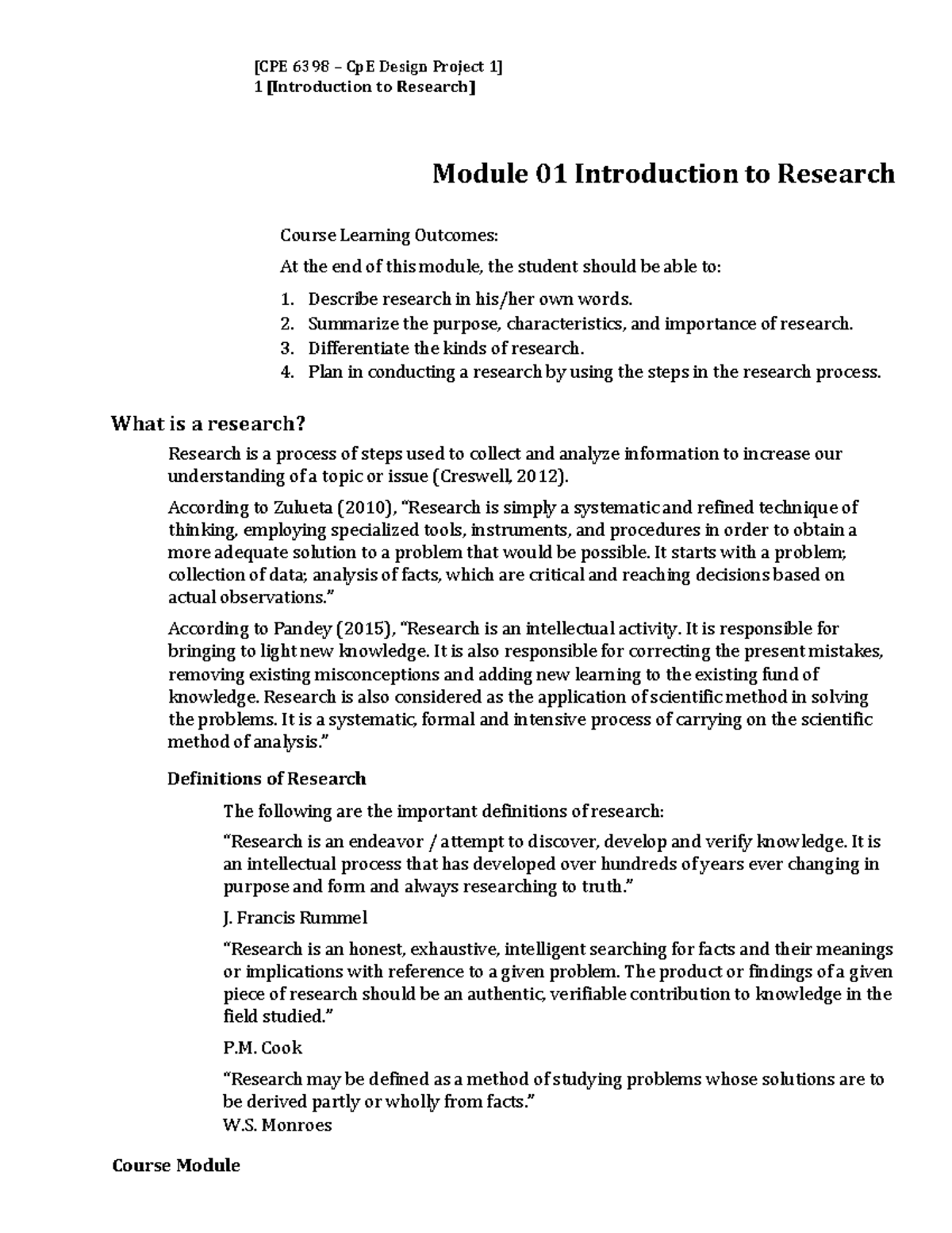 W1 Module 1 Introduction to Research - 1 [Introduction to Research] Module 01 Introduction to ...