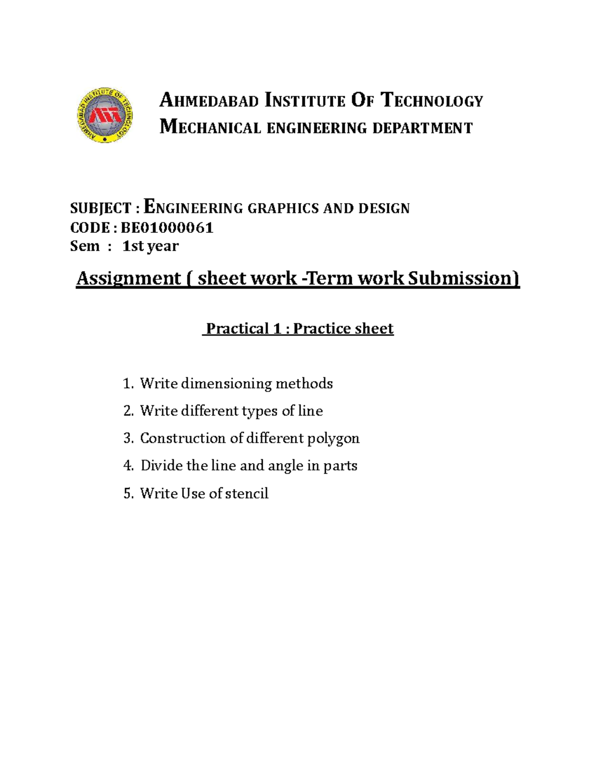EGD Assignment - Engineering Graphics & Design (Sem 1) - Studocu