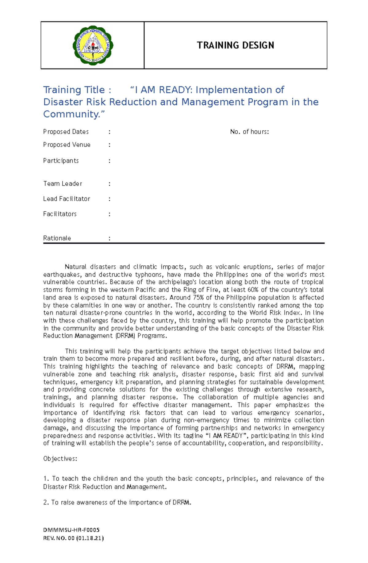 NSTP DRRM Training Design: "I AM READY" Implementation Plan - Studocu