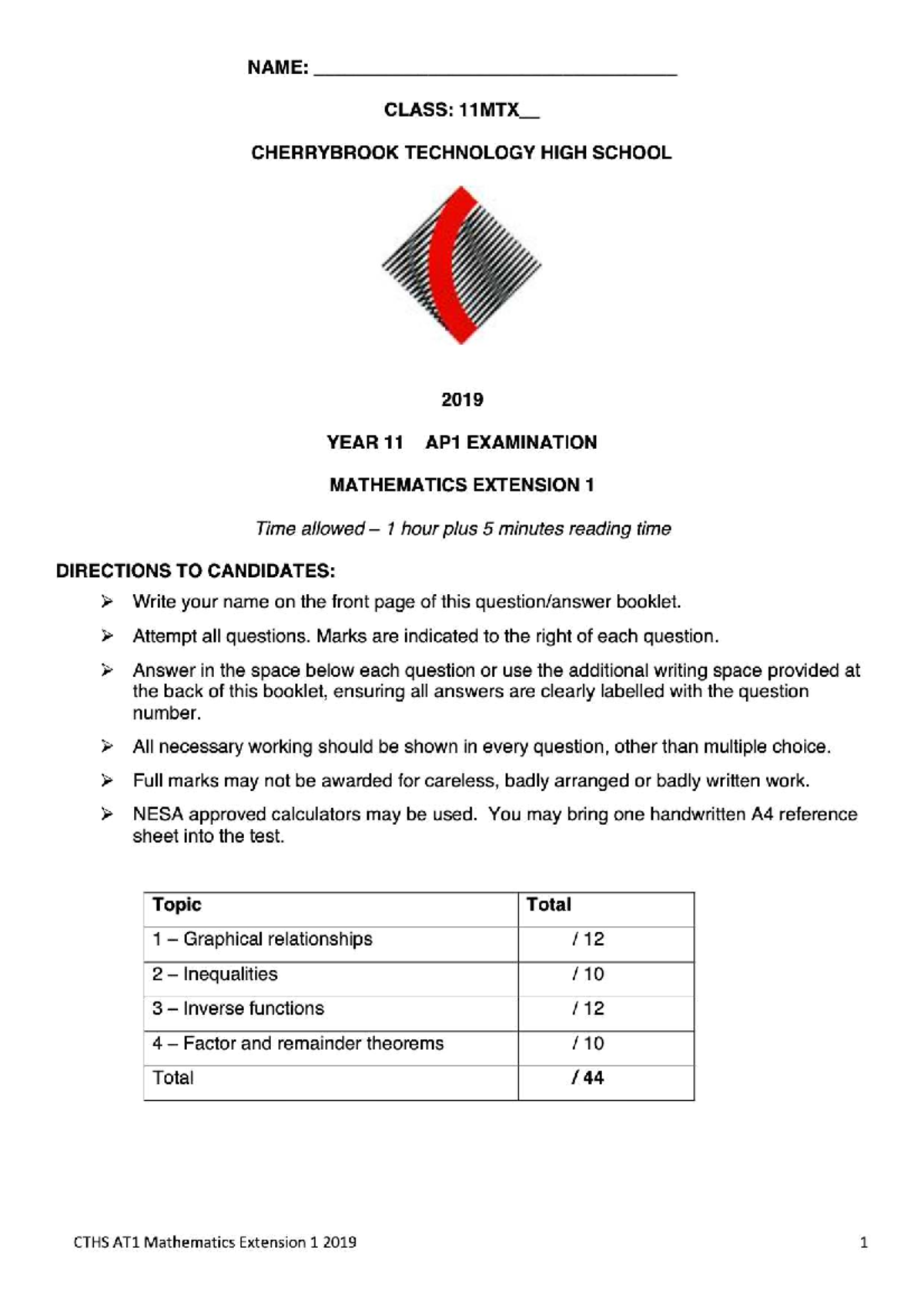 2019 Year 11 Mathematics Extension 1 AP1 Exam Solutions - CTHS - Studocu