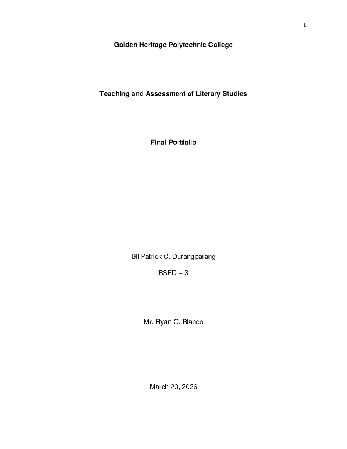 BSED 3 Final Portfolio on Teaching Literary Studies by Bil Patrick C ...