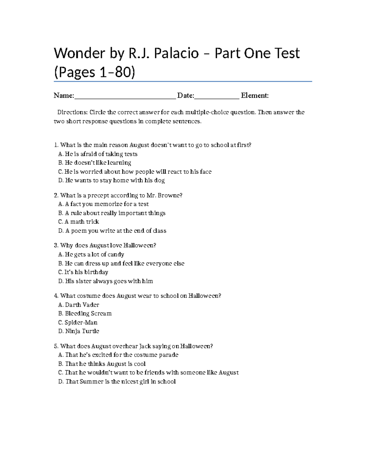Wonder by R.J. Palacio – Part One Test (Pages 1–80) - Studocu