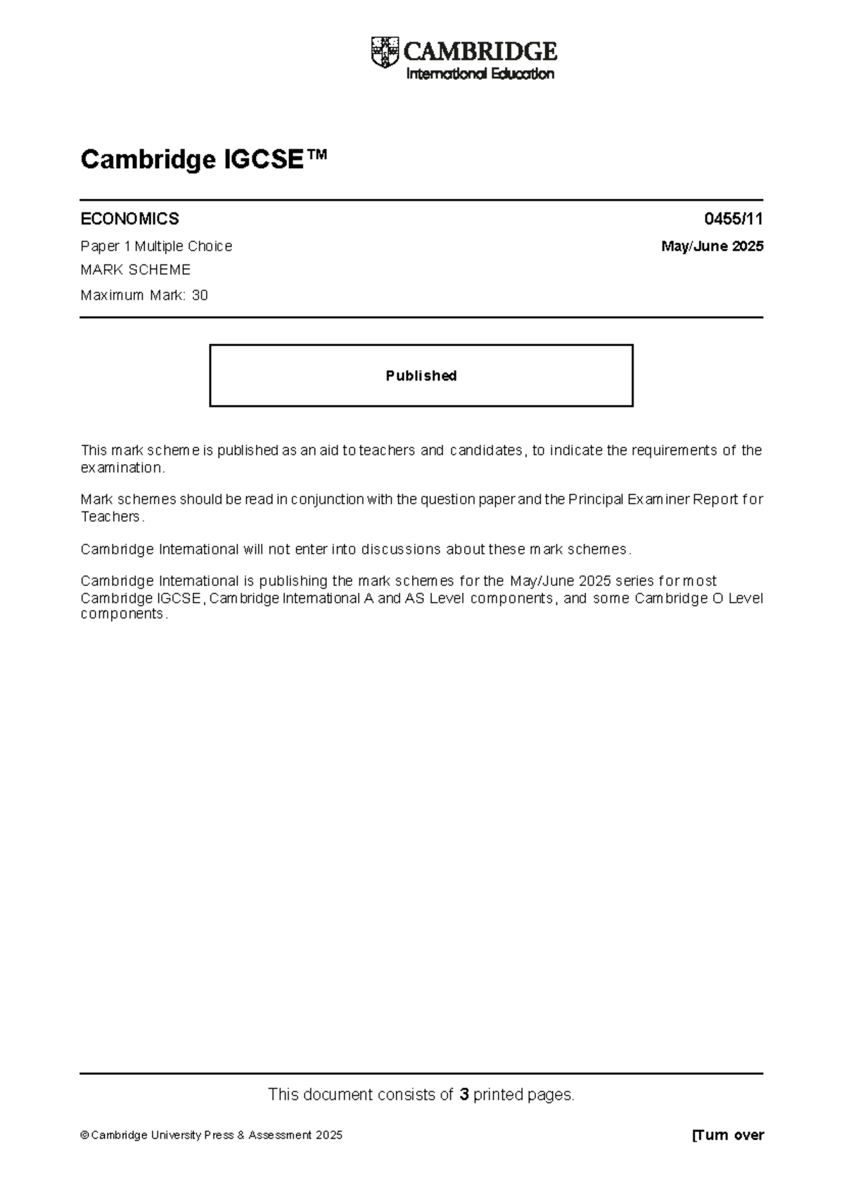Cambridge IGCSE ECONOMICS 0455 Paper 1 MCQ Mark Scheme 2025 - Studocu