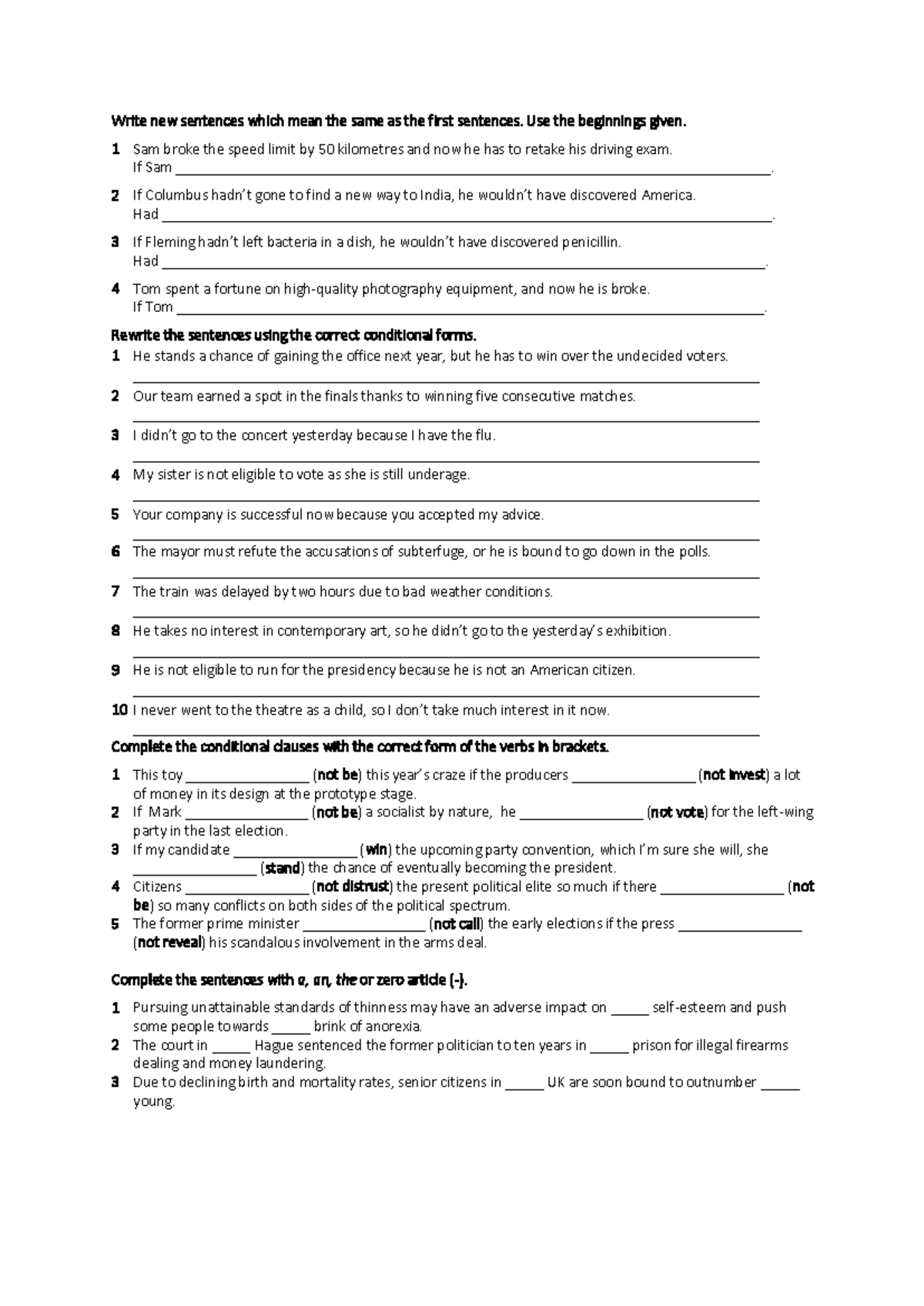 Conditionals - Exercises on Conditional Forms (ENG 101) - Studocu