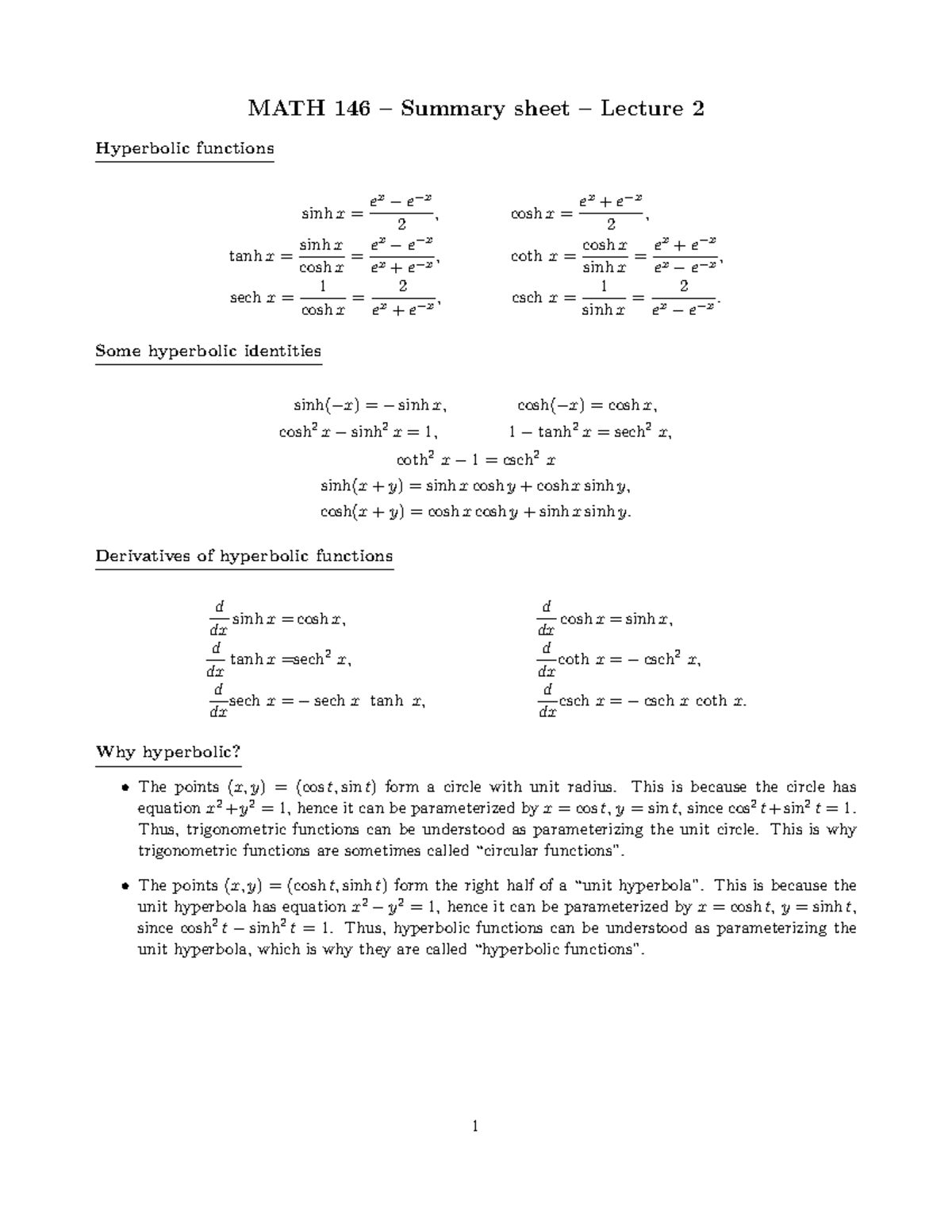 MATH 146 Lecture 2 Summary: Hyperbolic Functions & Identities - Studocu