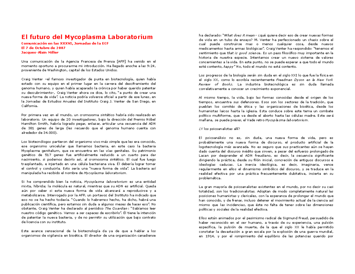 Miller, J.A. El porvenir de Mycoplasma laboratorium - El futuro del ...