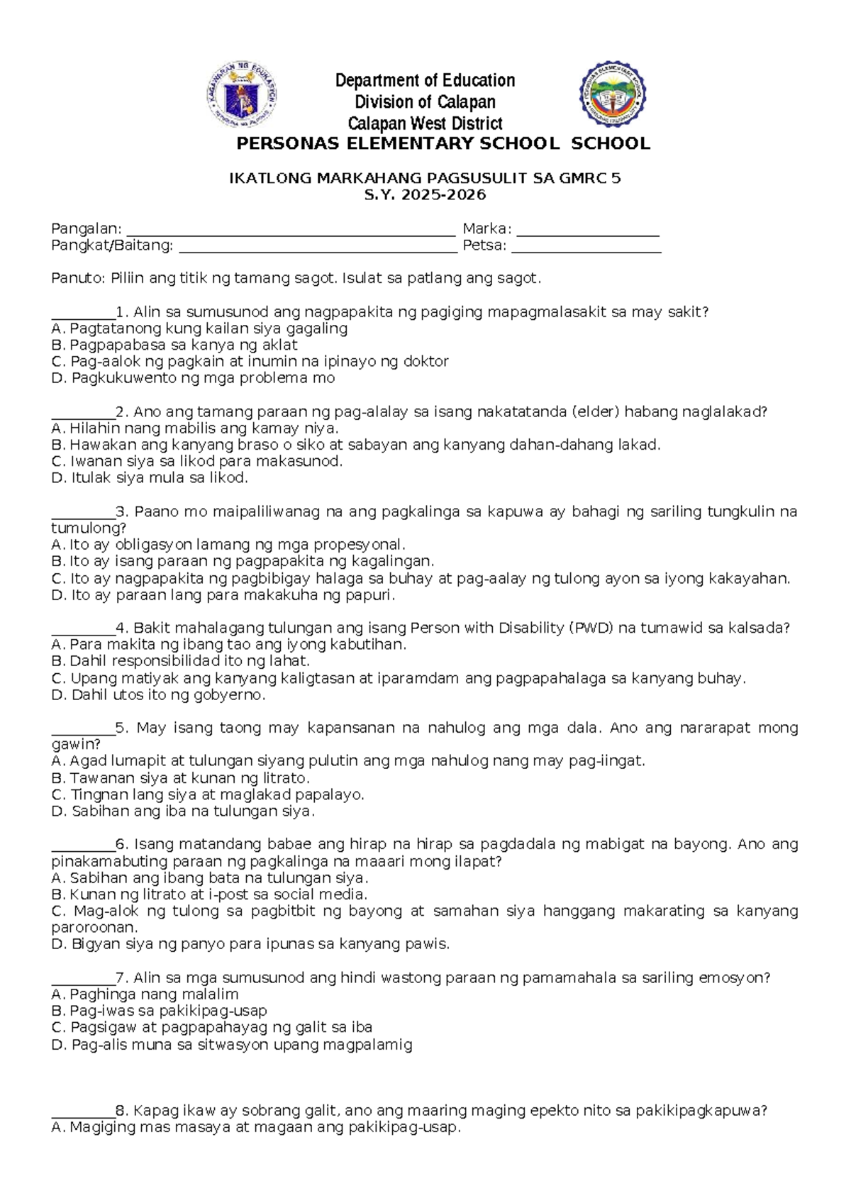3rd Periodical Exam in GMRC 5 S.Y. - Review Guide - Studocu