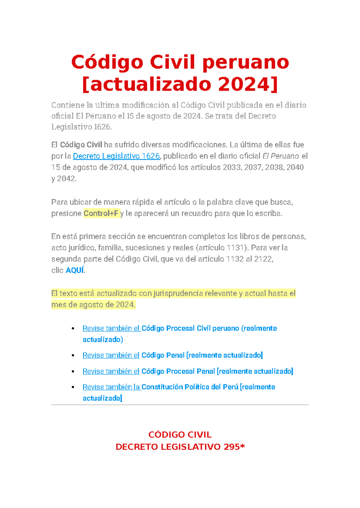 Código Civil Peruano: Actualización y Modificaciones (2024) - Studocu