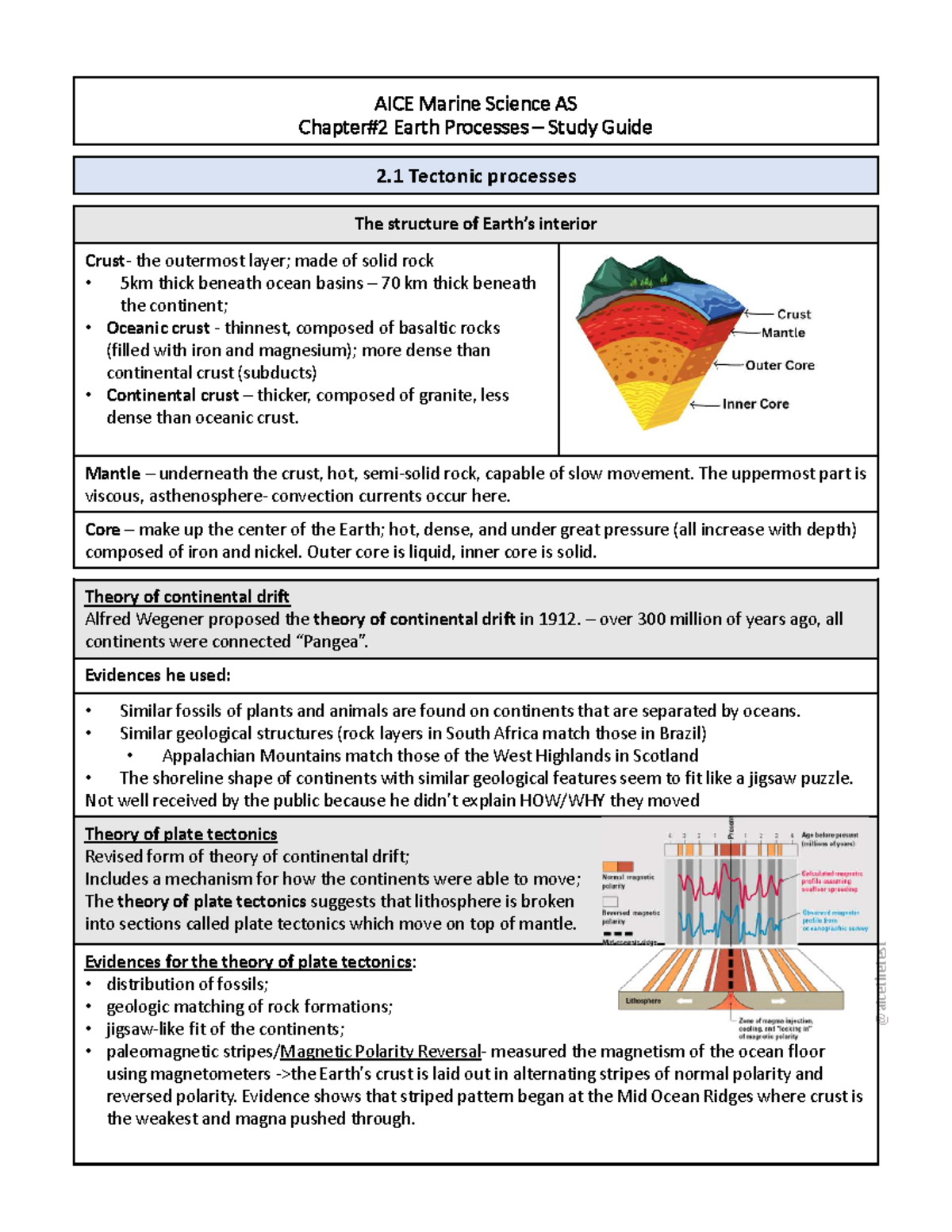 AICE Marine Science AS Chapter 2 Earth Processes Study Guide - Studocu