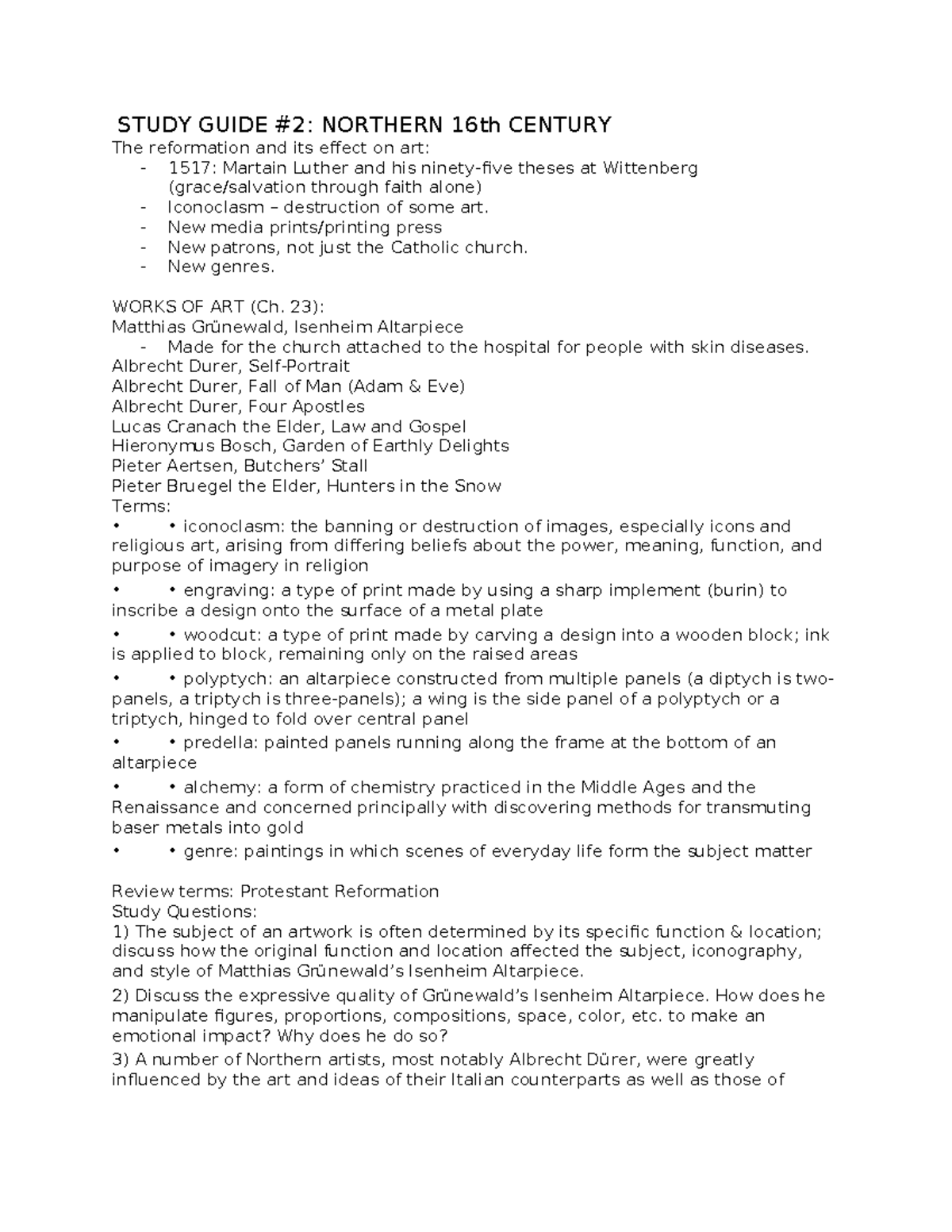 STUDY GUIDE: NORTHERN 16th CENTURY ART & THE REFORMATION (ART 101 ...