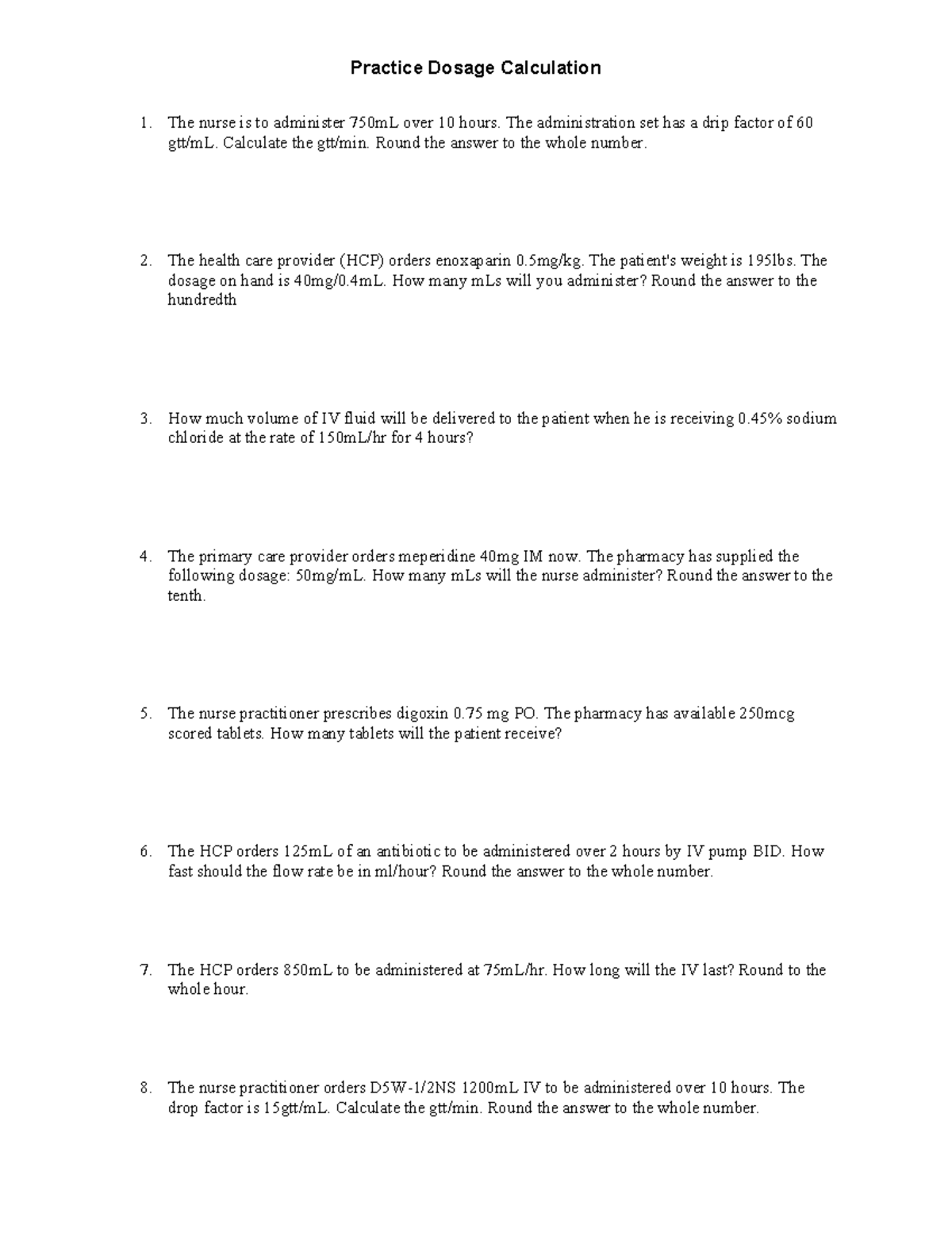 Dosage Calculation Practice Questions for Nursing Students (NUR101 ...