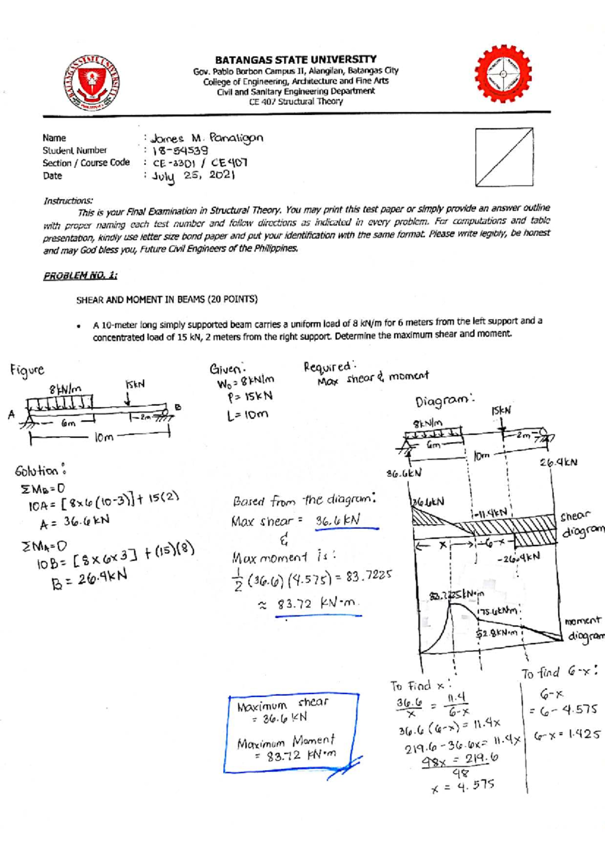 CE 407 Final Exam: Structural Theory Problems and Solutions - Studocu