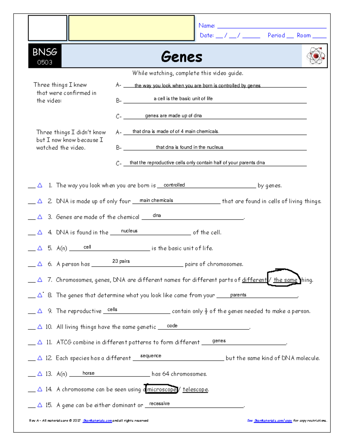 Bill Nye - BNSG 0503 Genes Video Guide and Insights - Studocu