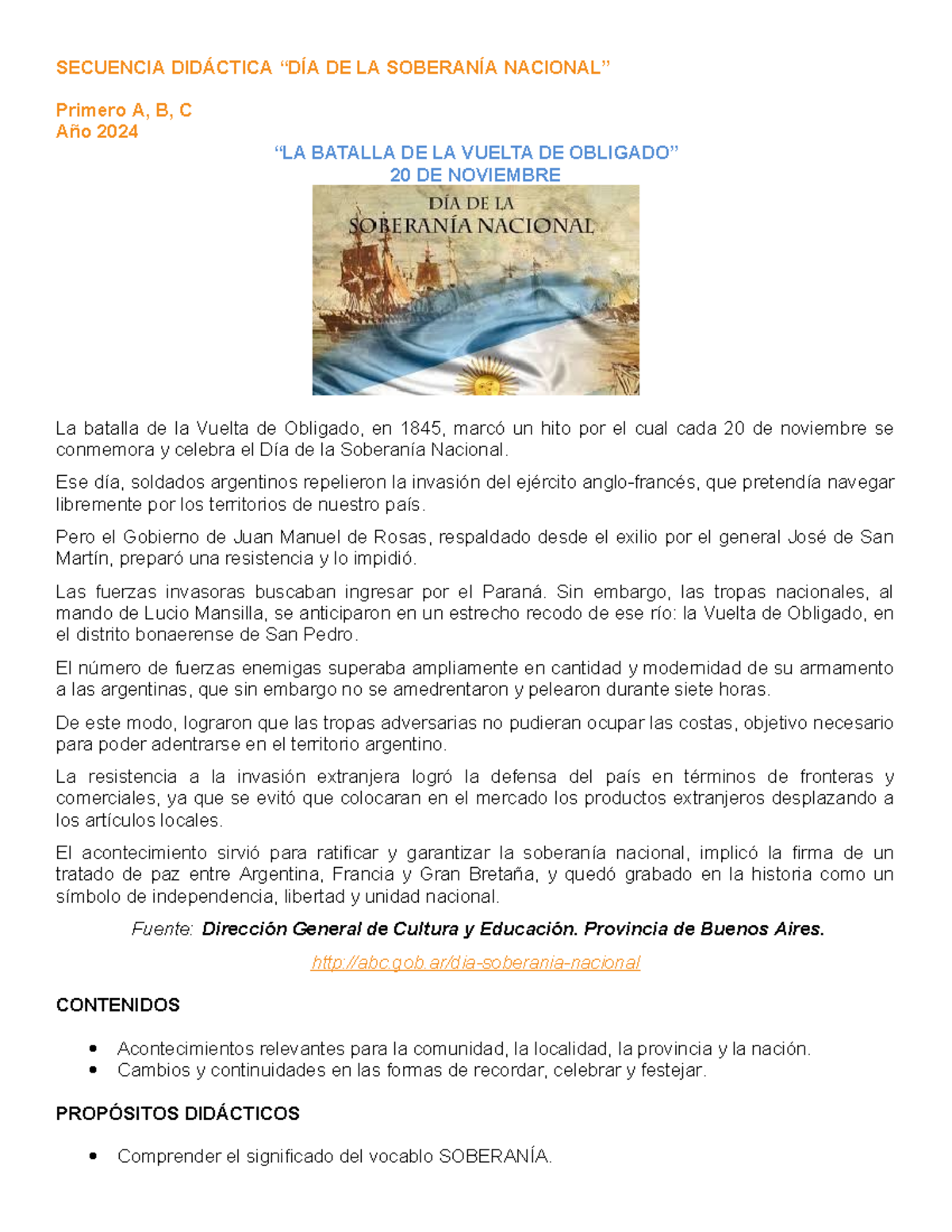 SECUENCIA DIDÁCTICA: BATALLA DE LA VUELTA DE OBLIGADO - Primero A, B, C ...