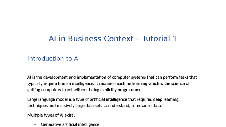 AI in Business Context Tutorial 1: Introduction to AI Concepts - Studocu