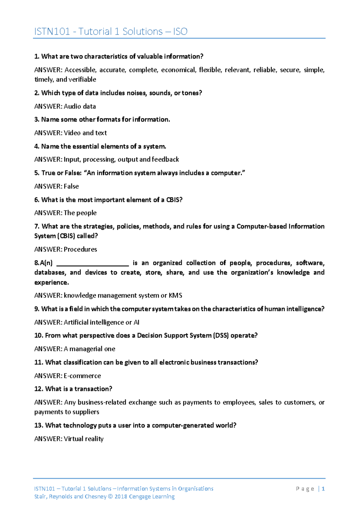 ISTN101 Tutorial 1 Solutions – Key Concepts in Information Systems ...