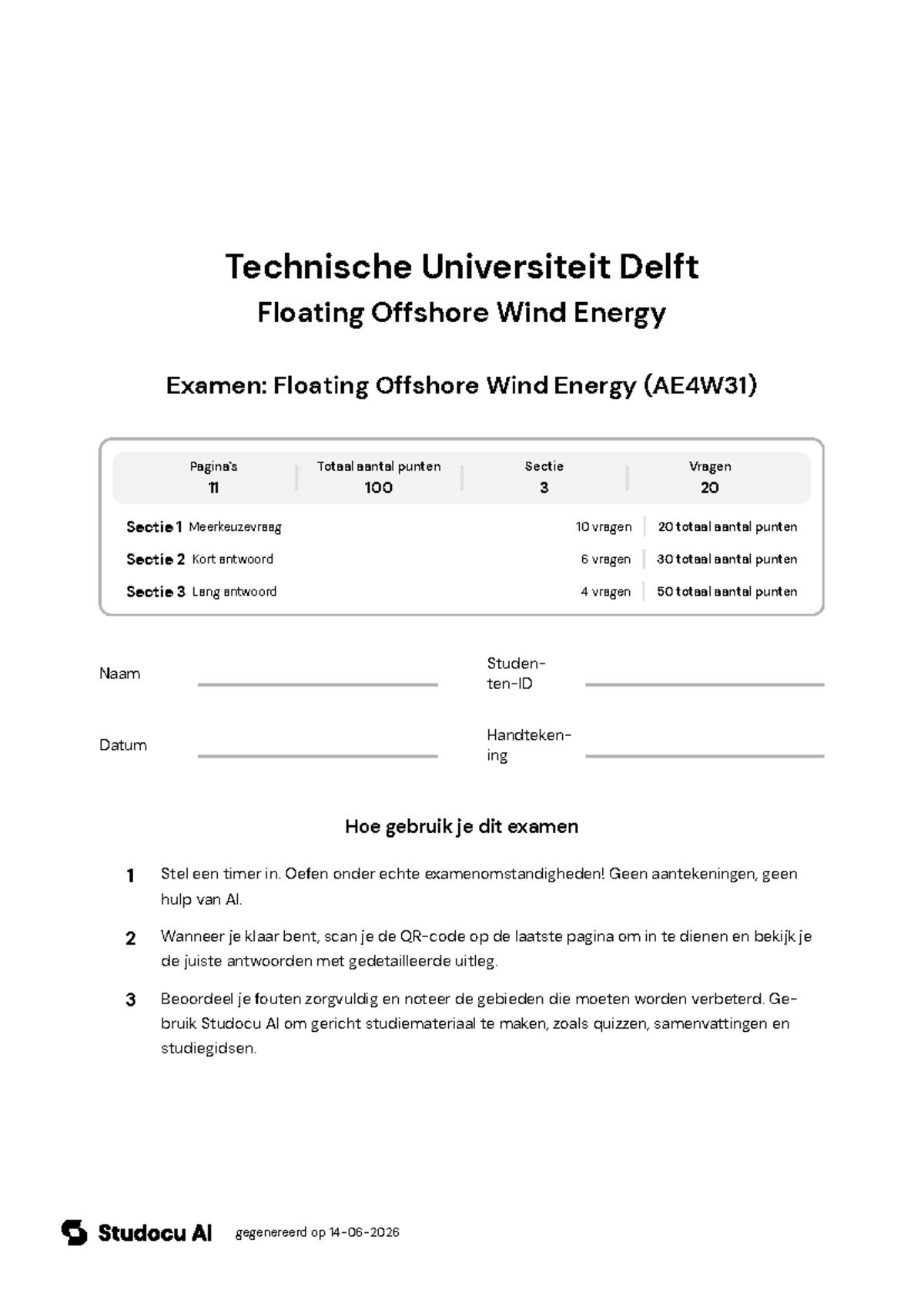 Examen: Floating Offshore Wind Energy (AE4W31) - Studeersnel
