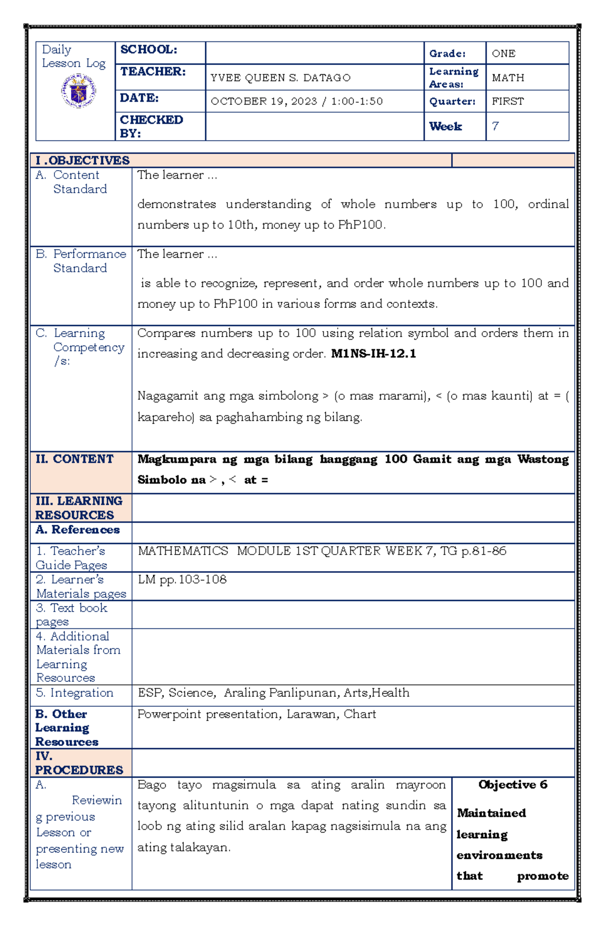 MATH Lesson PLAN - Daily Lesson Log SCHOOL: Grade: ONE TEACHER: YVEE ...