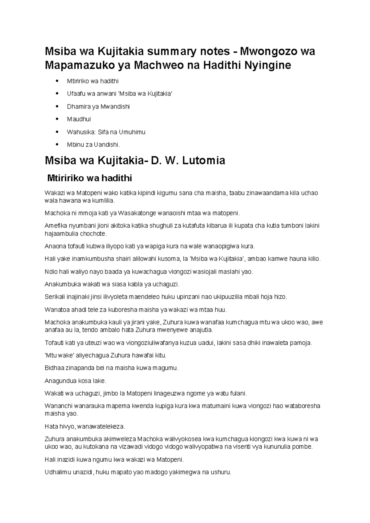 Msiba wa Kujitakia: Muhtasari wa Hadithi na Mbinu za Uandishi - Studocu