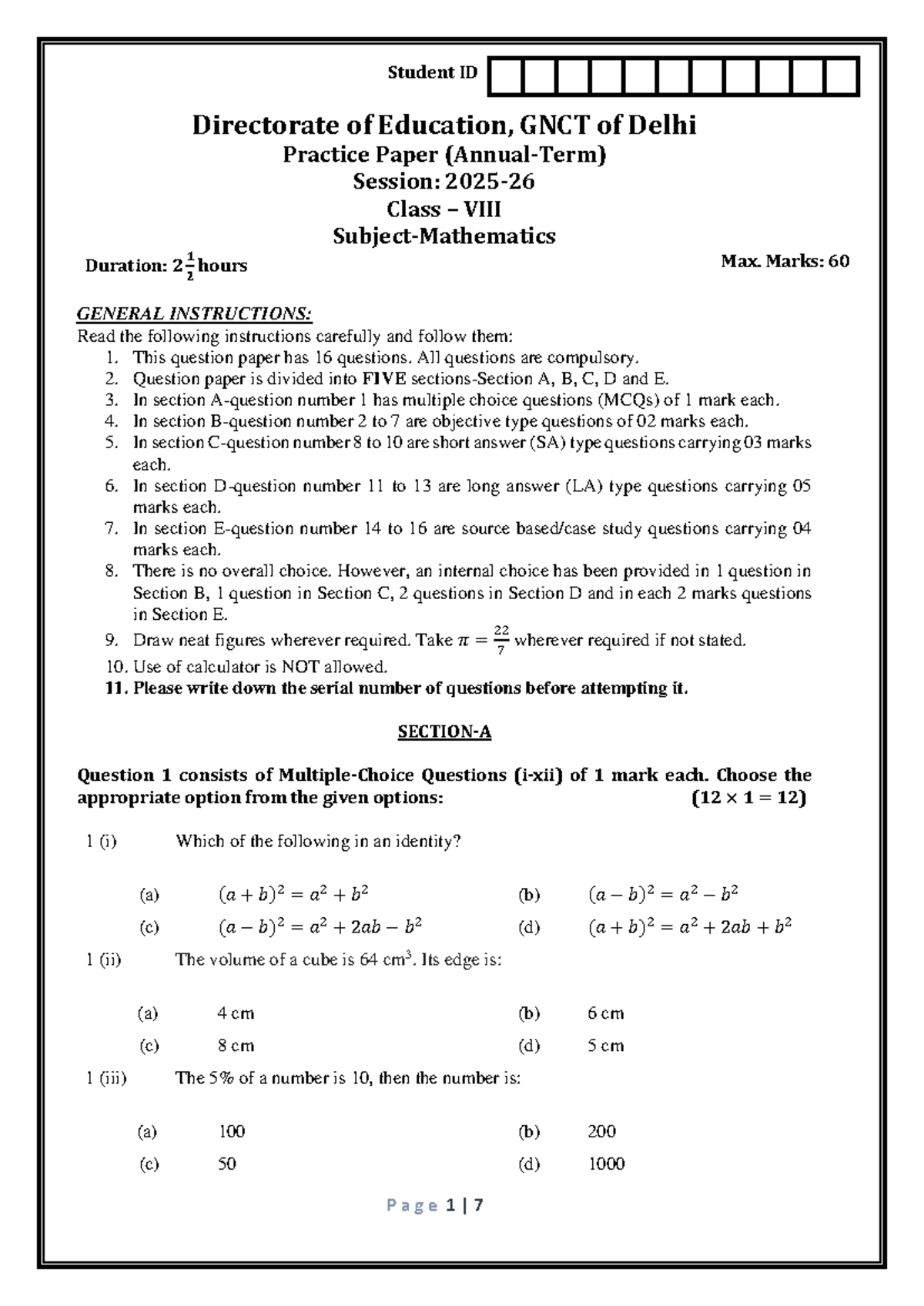 Practice Paper: 8 Math 2025 Annual Exam - Max Marks: 60 - Studocu