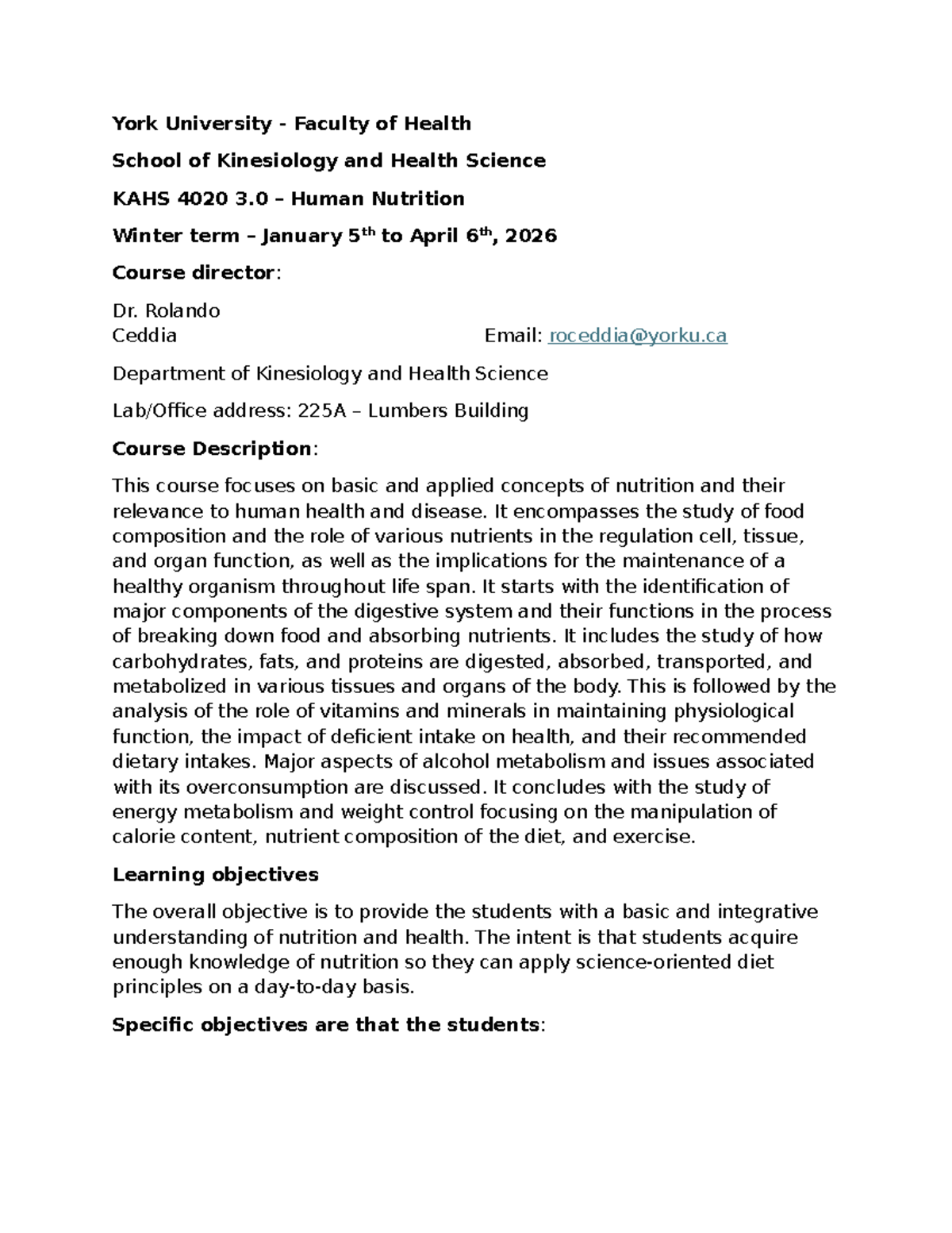 KAHS 4020 3.0 Human Nutrition Syllabus - Winter 2026 - Studocu