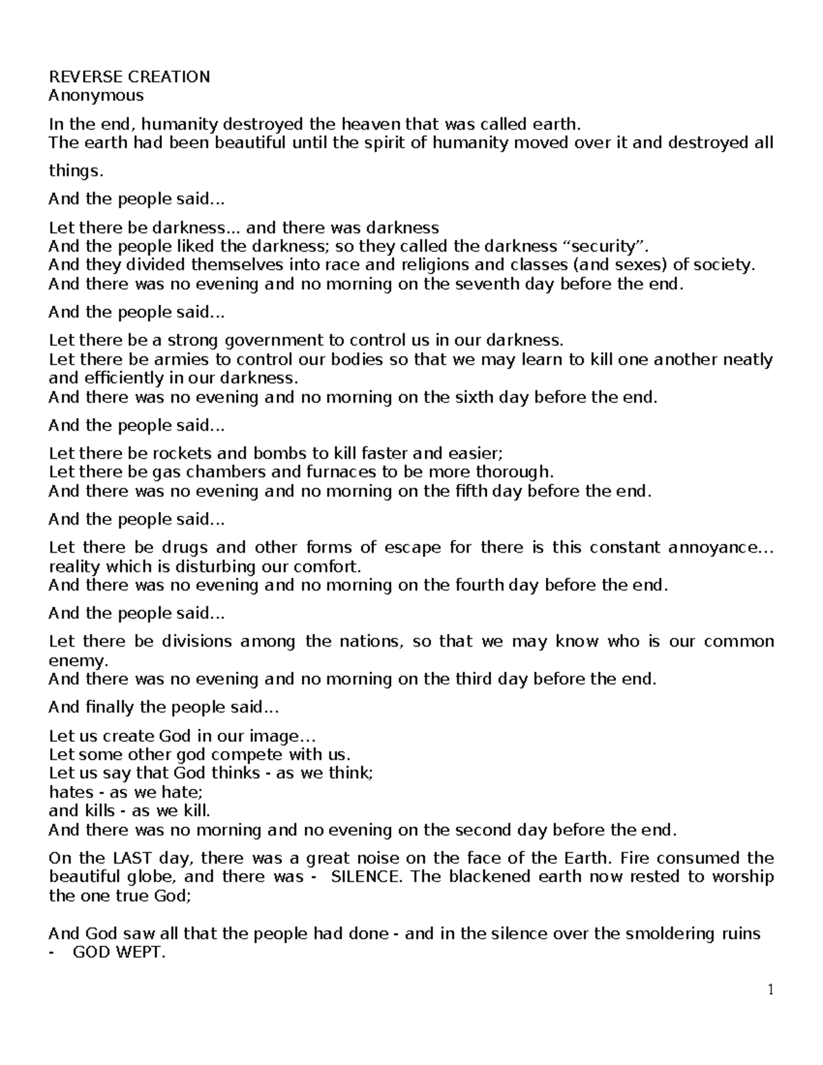 REVERSE CREATION: A Reflection on Humanity's Destruction - Studocu