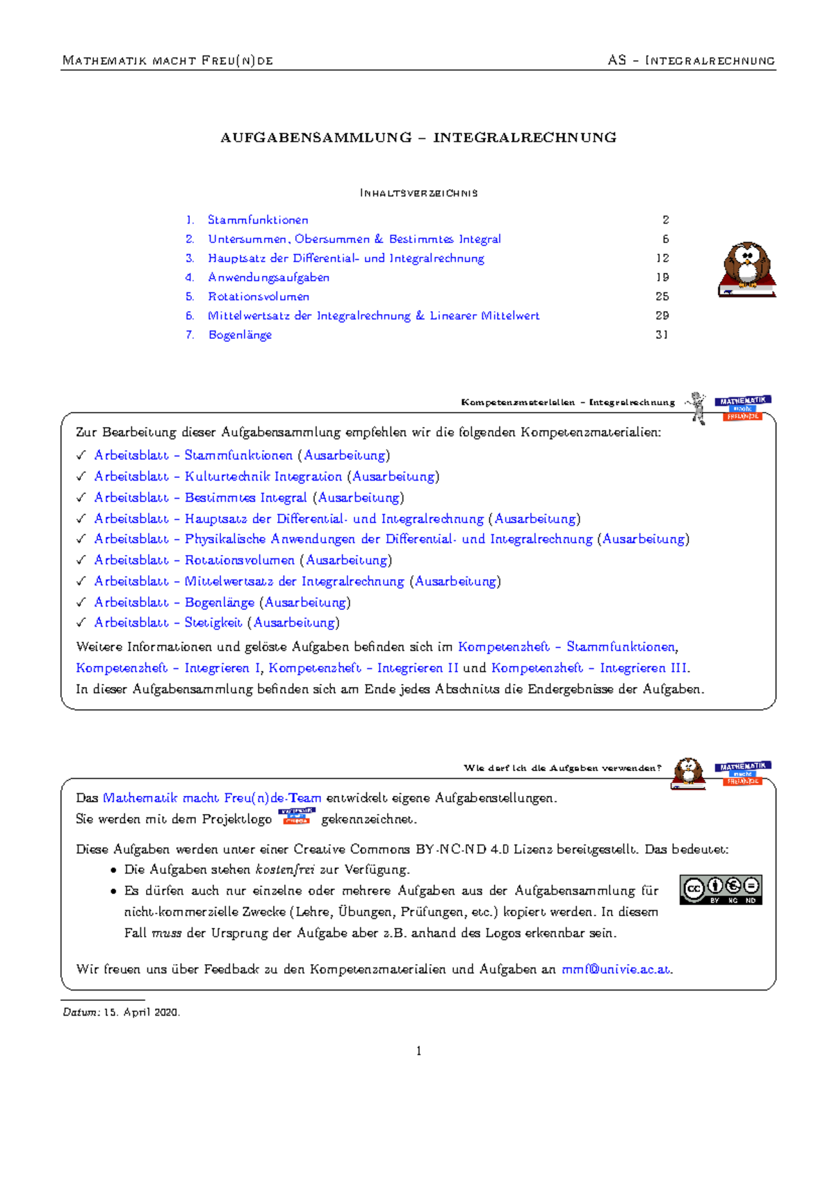 Aufgabensammlung Integralrechnung, mit vielen tollen Aufgaben ...